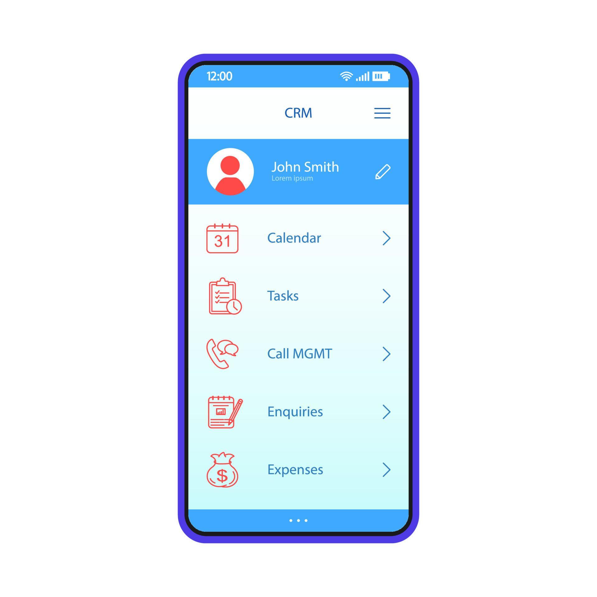 CRM app smartphone interface vector template. Mobile software page blue ...
