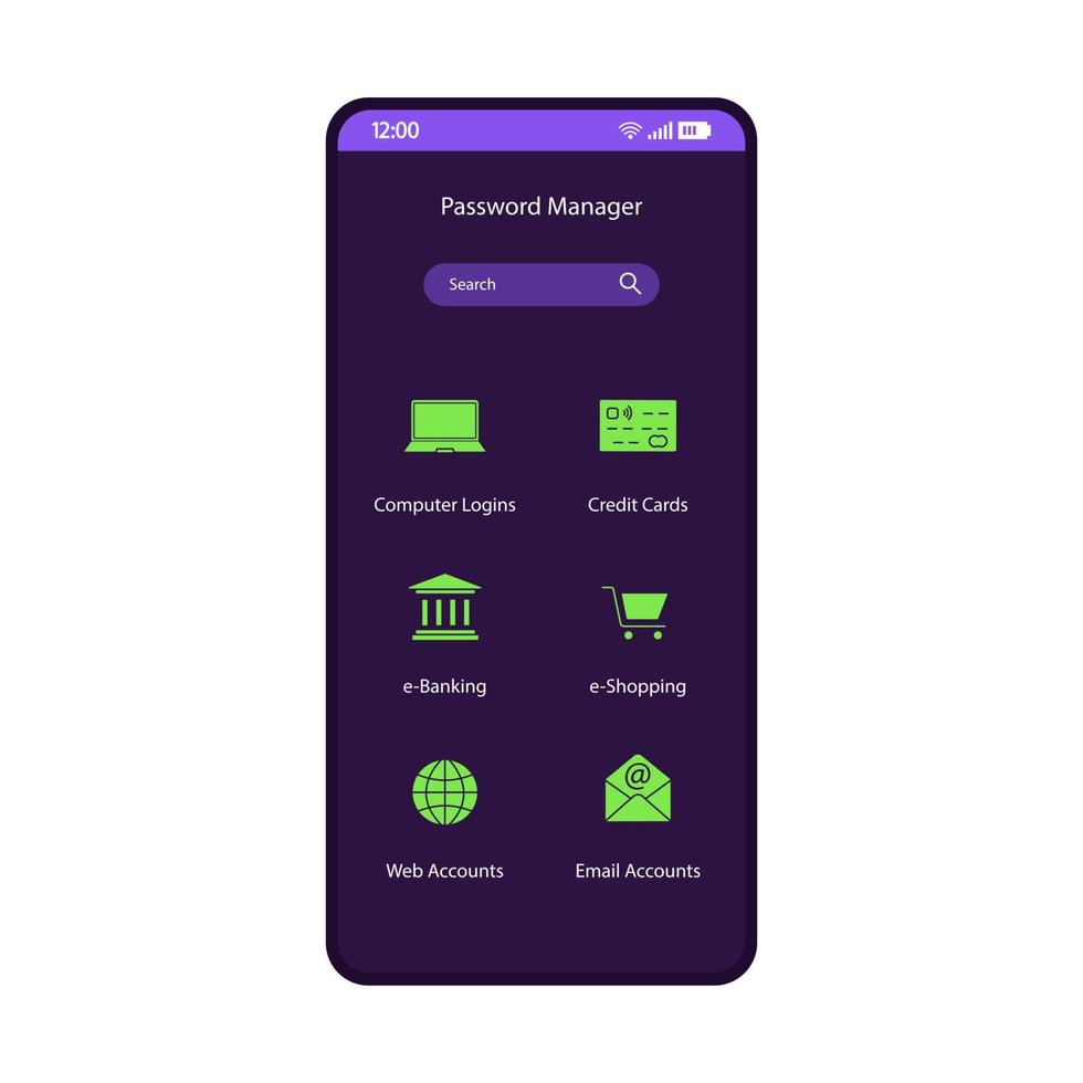 Password Manager App Smartphone Interface Vector Template Mobile User Accounts Page Purple