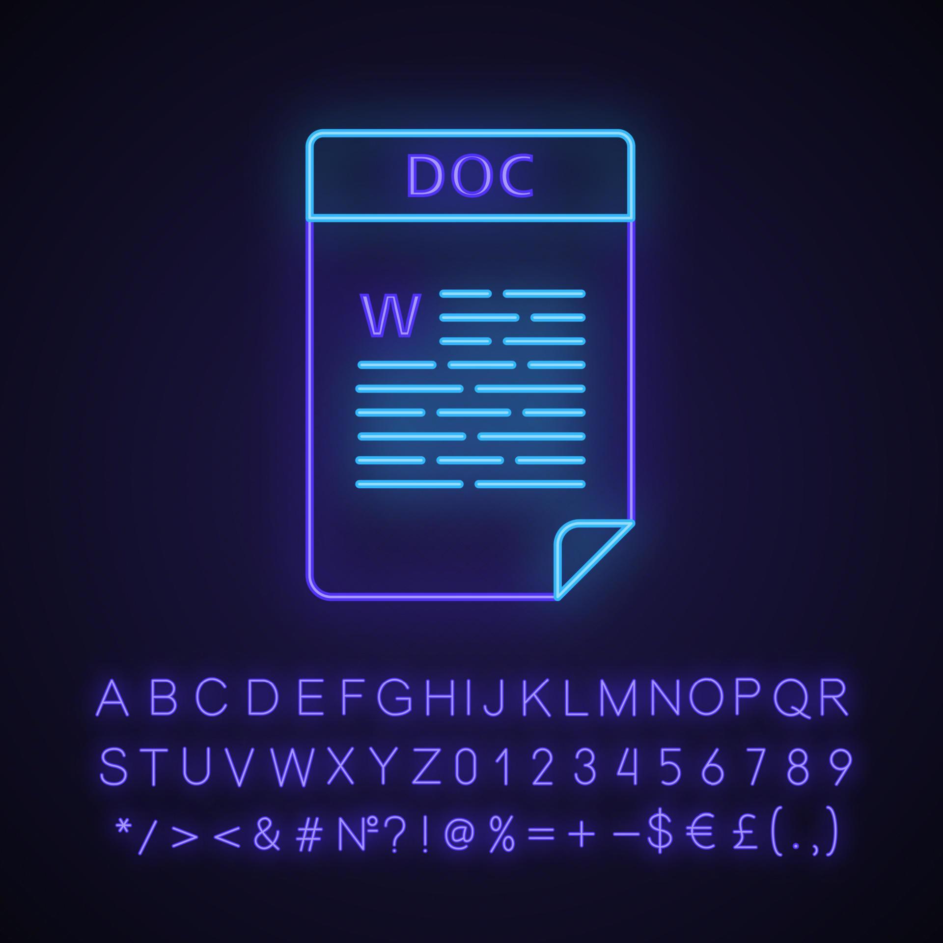 DOC file neon light icon. Word processing document. Text file format ...