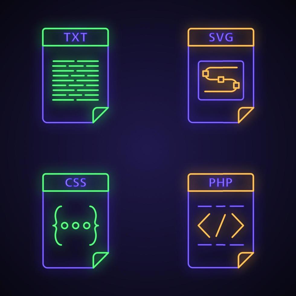 Files format neon light icons set. Text, image, web page file. TXT, SVG, CSS, PHP. Glowing signs ...