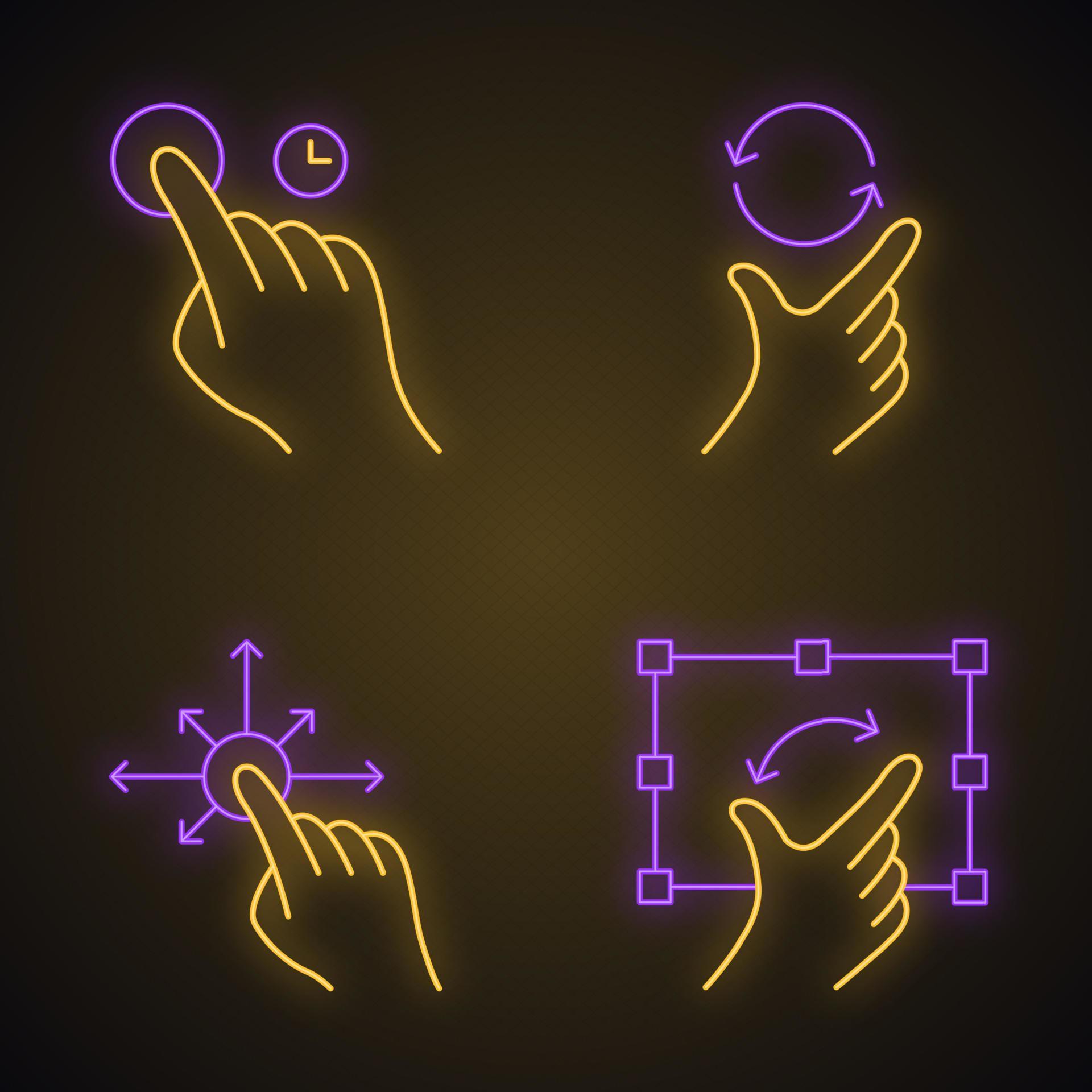 Touchscreen gestures neon light icons set. Touch and hold, zoom, rotate gesturing. Drag finger ...
