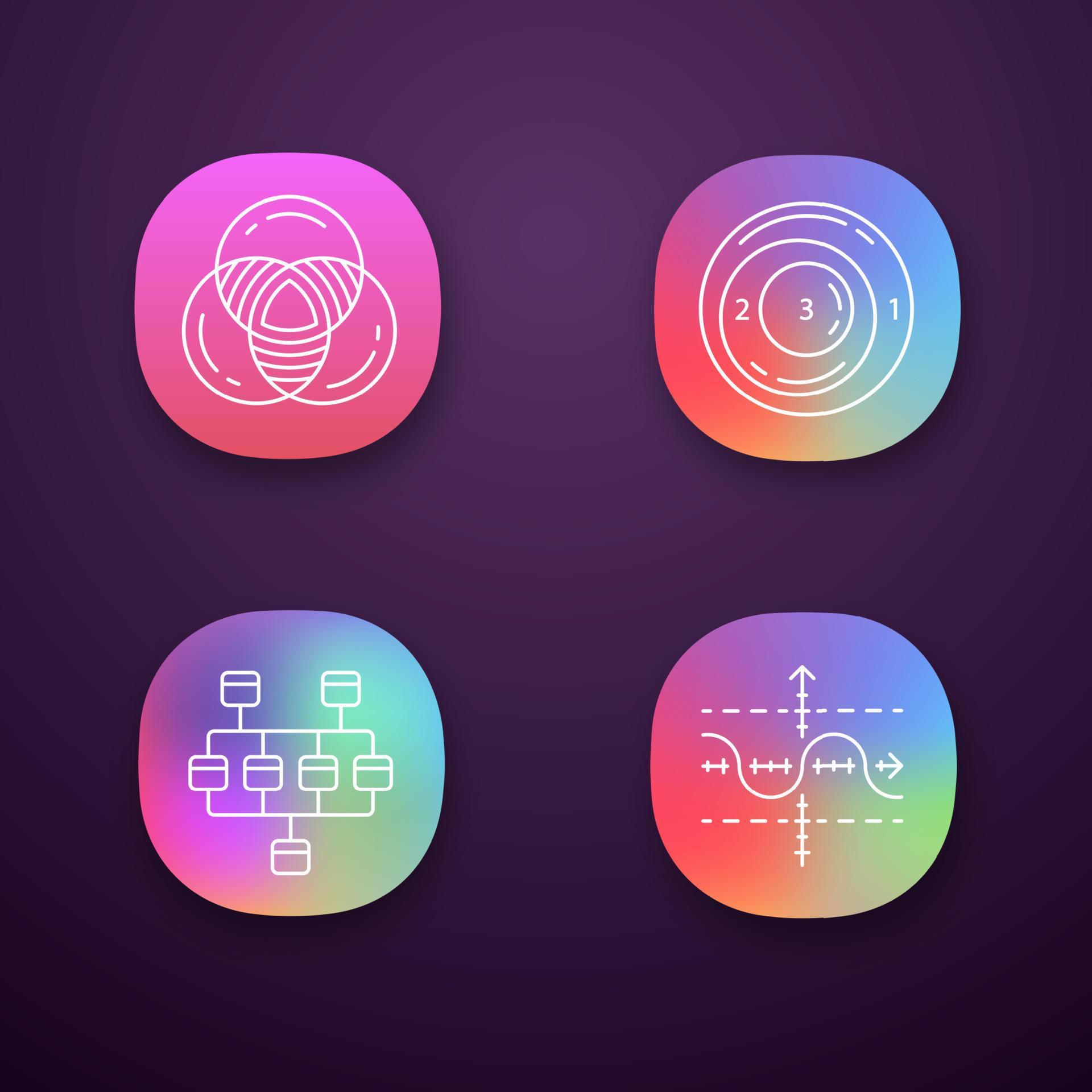 Diagrams app icons set. Data graphic visualization. Statistical ...