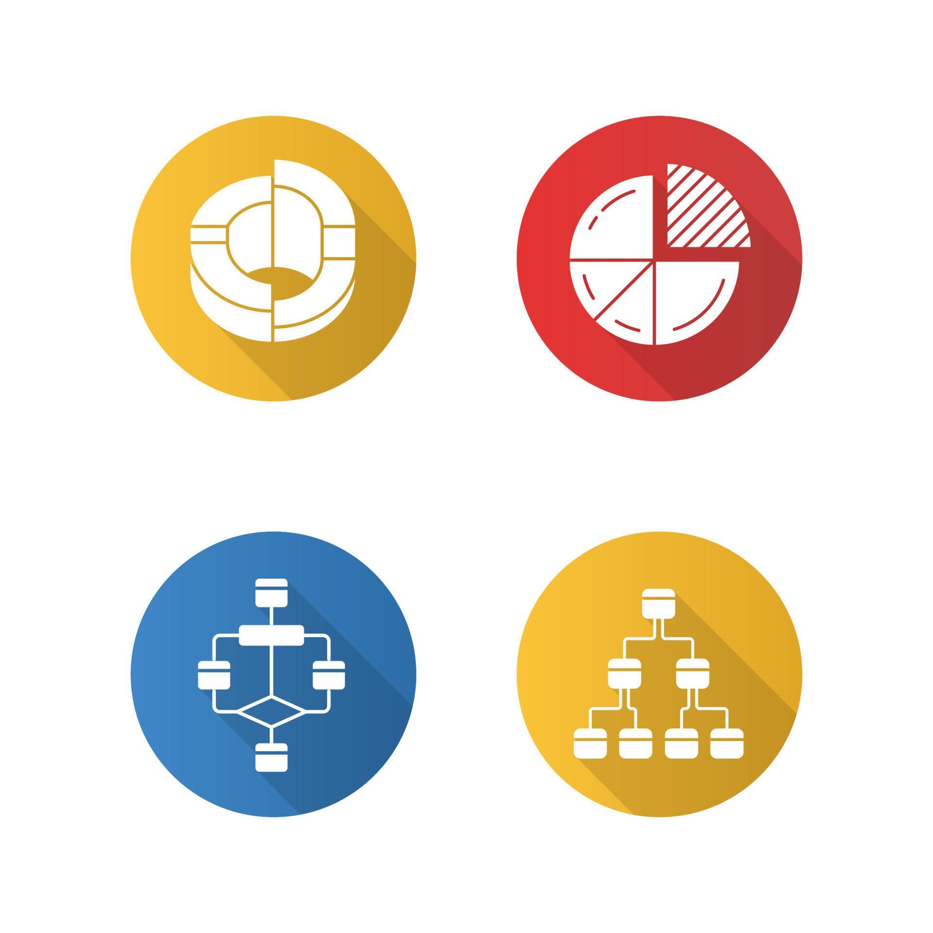 Diagrams flat design long shadow glyph icons set. Planning, process flow. Statistics data ...