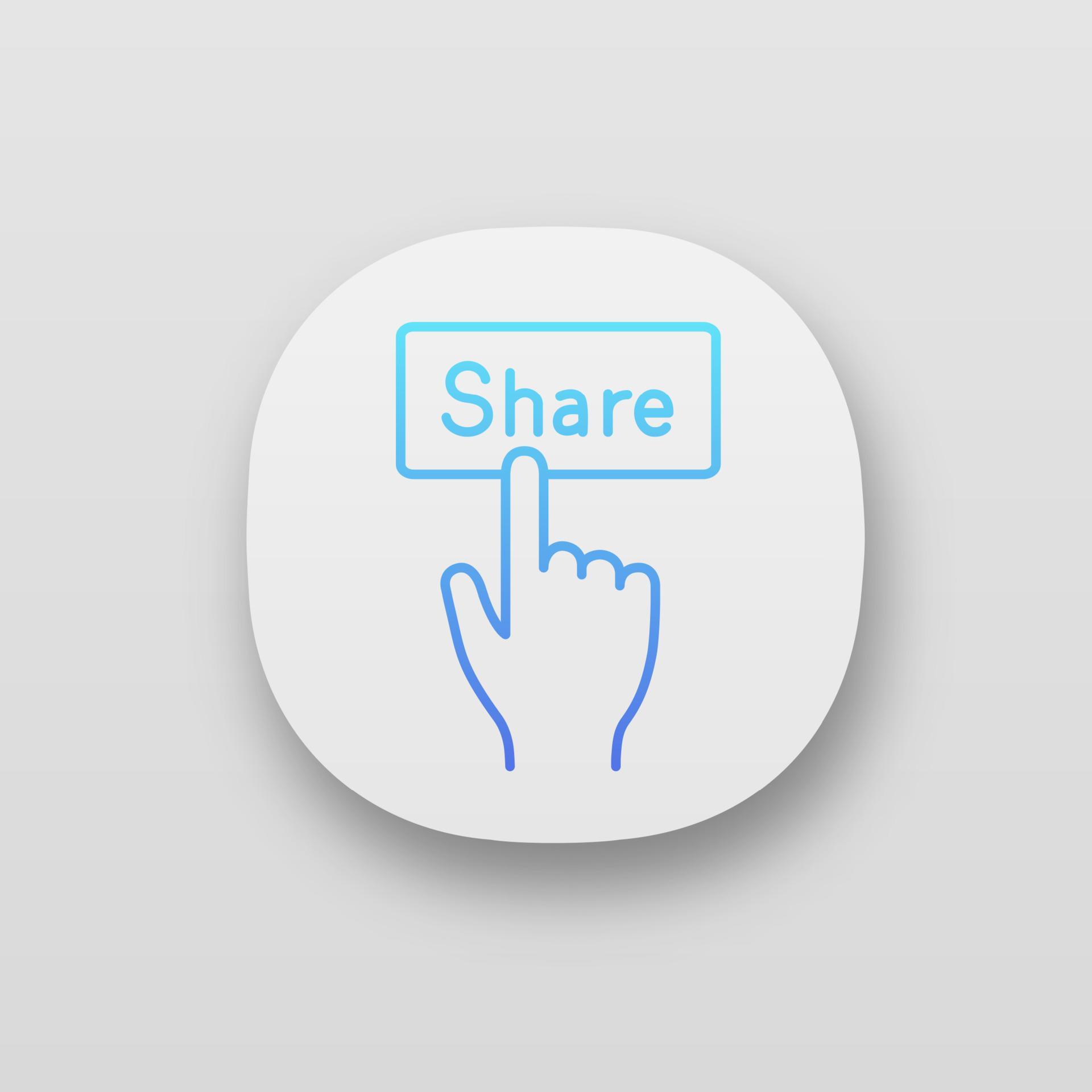 Share button app icon. UI UX user interface. Social media activity. Hand pressing button. Web or ...