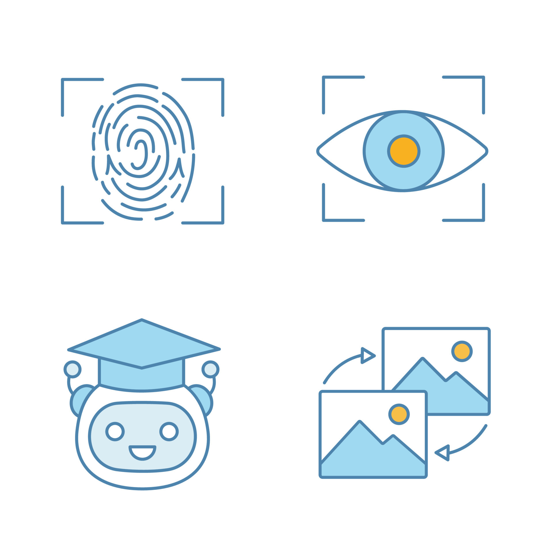 Machine Learning Color Icons Set Fingerprint Scanning Iris Recognition Teacher Bot Data
