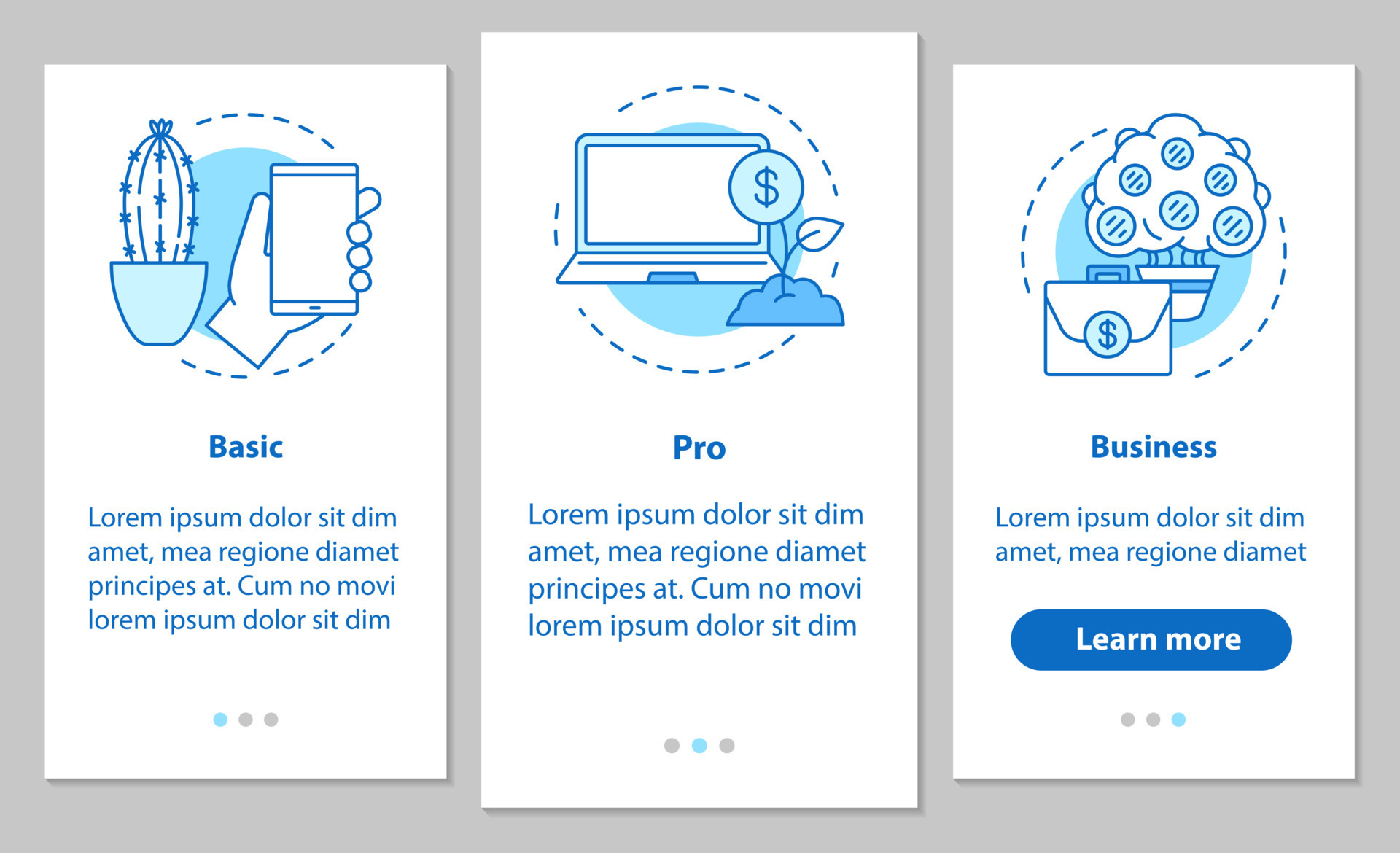 Business Development Onboarding Mobile App Page Screen With Linear Concepts Basic Pro Options