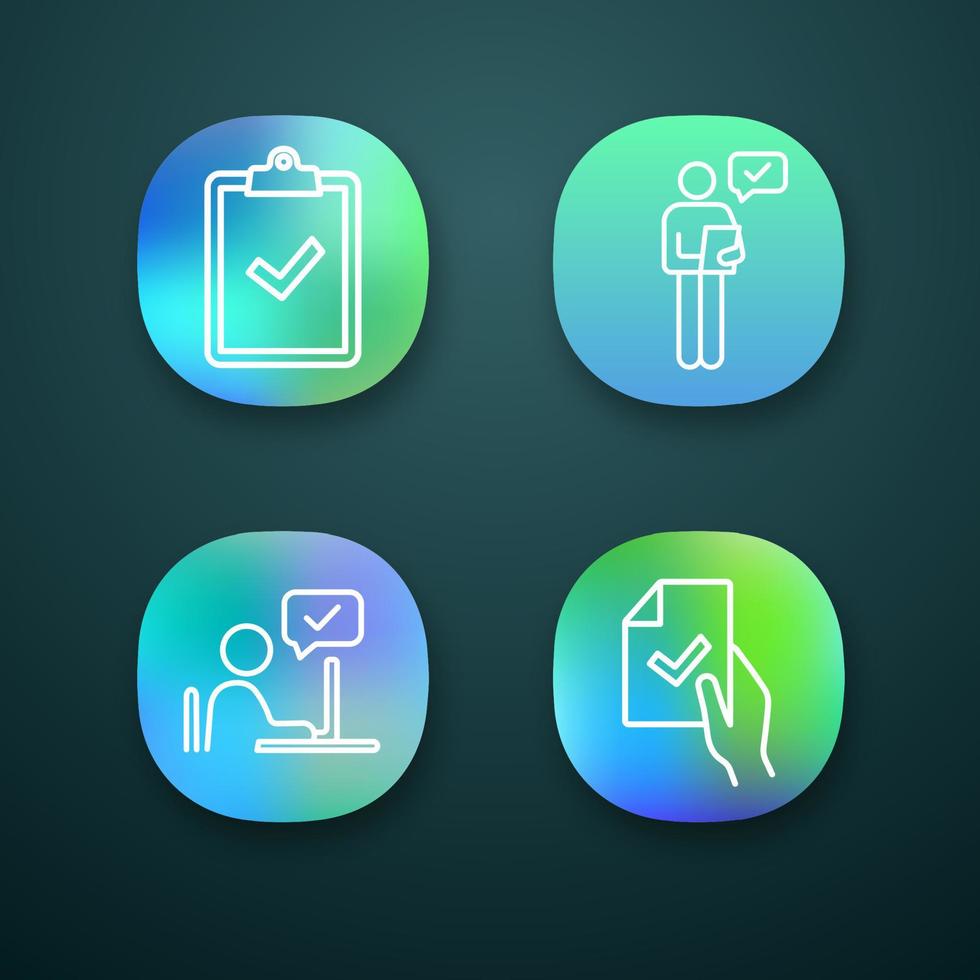 Approve app icons set. Verification and validation. Clipboard with check mark, person checking ...