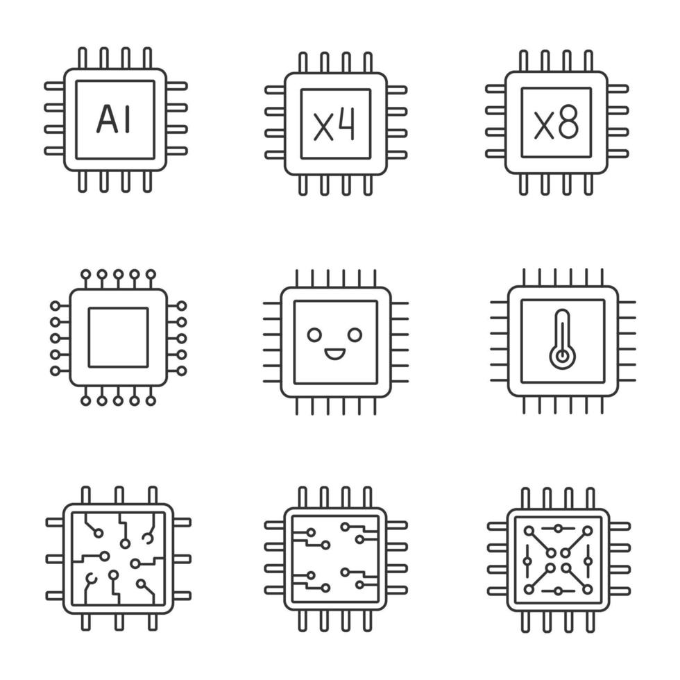 Processors Linear Icons Set Ai Chip Quad Octa Core Processors Integrated Circuit