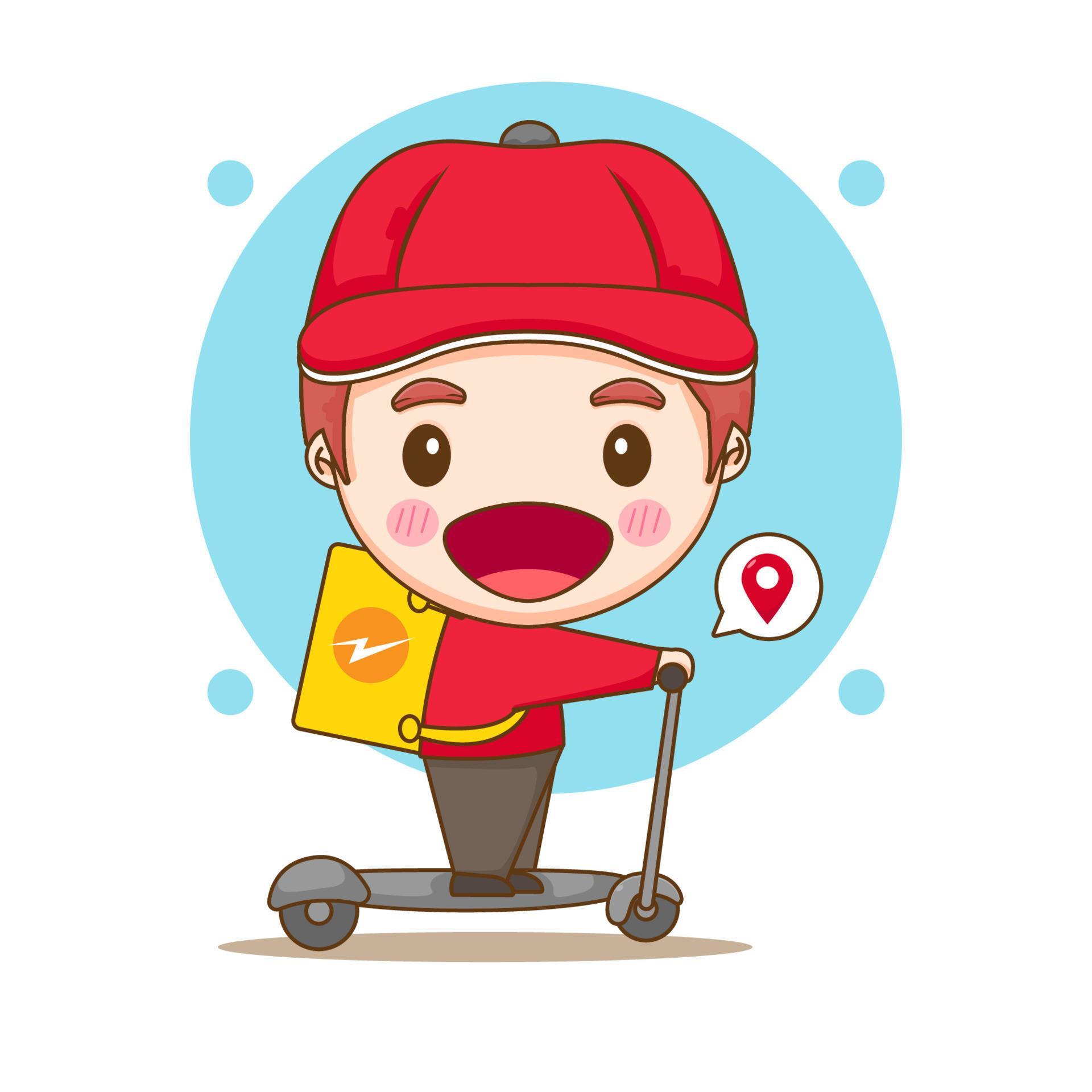 Cute Delivery Man Riding Scooter Cartoon Illustration Of Chibi