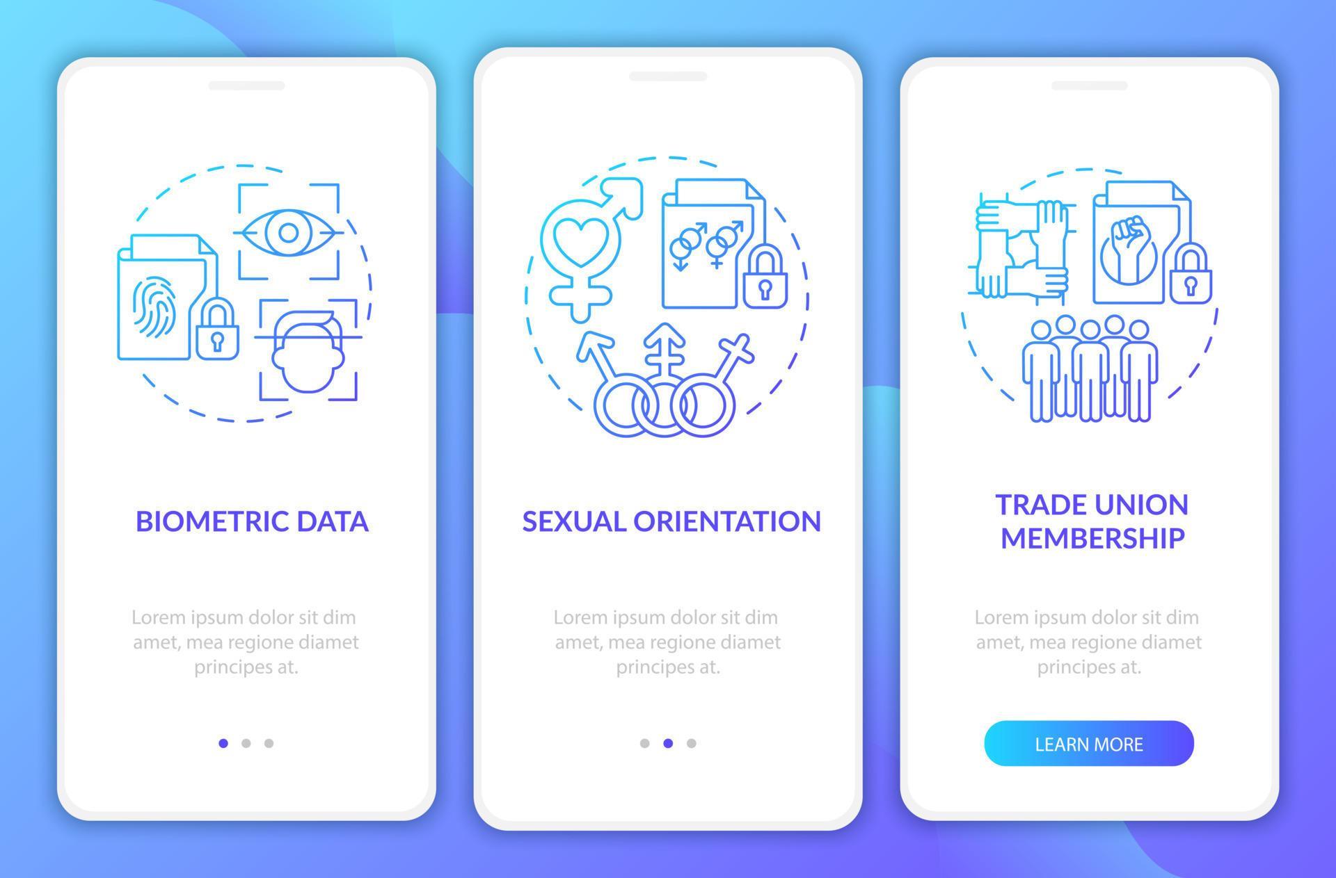 Examples of personal data blue gradient onboarding mobile app screen ...