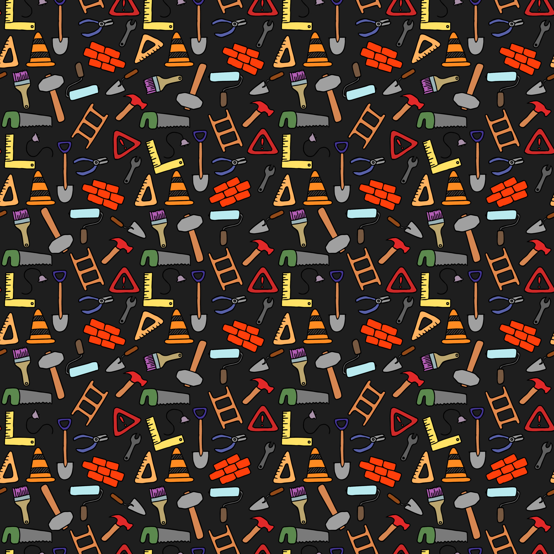 Colored Construction Build Icons Pattern Seamless Doodle Pattern With Tools For Construction