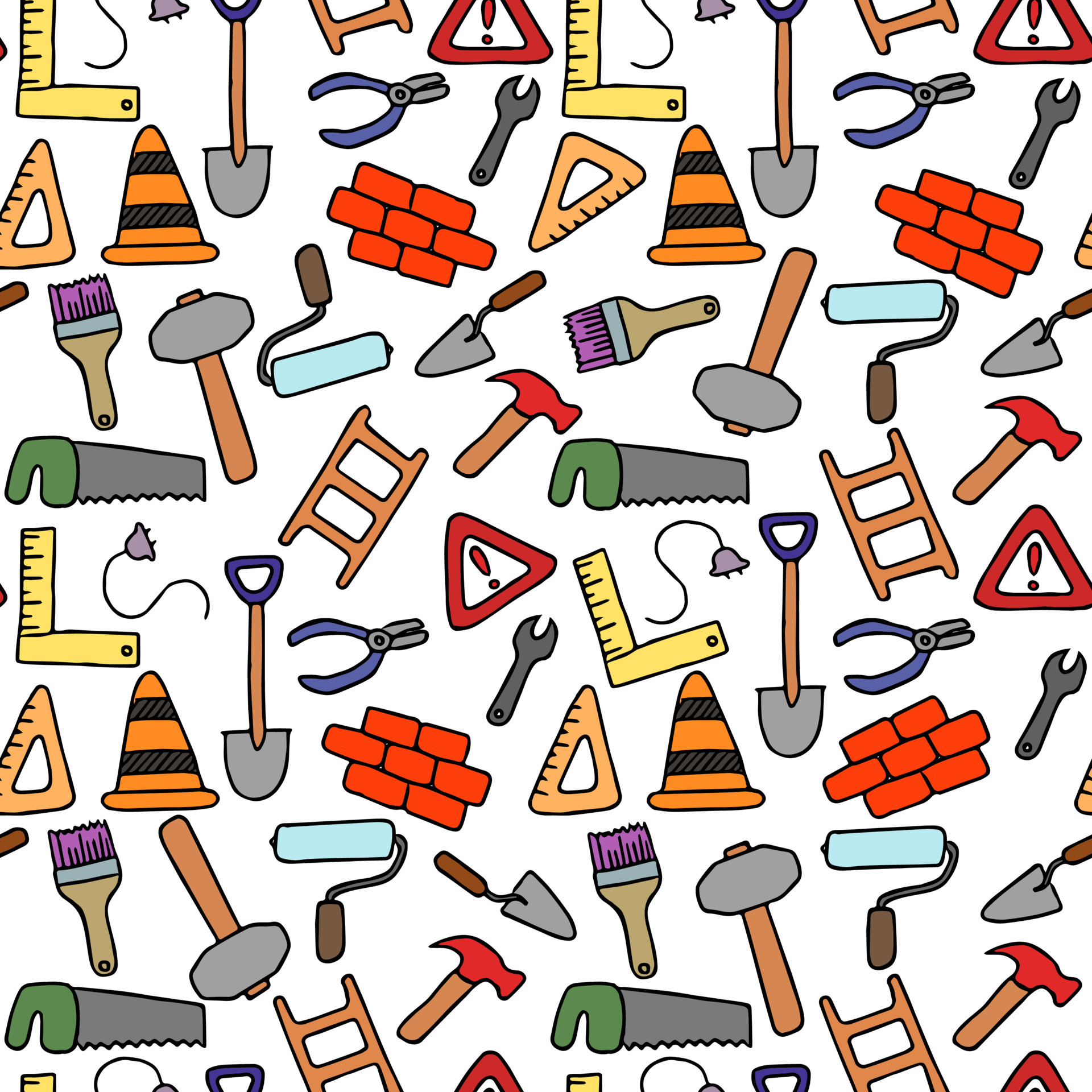 Colored Construction Build Icons Pattern Seamless Doodle Pattern With Tools For Construction