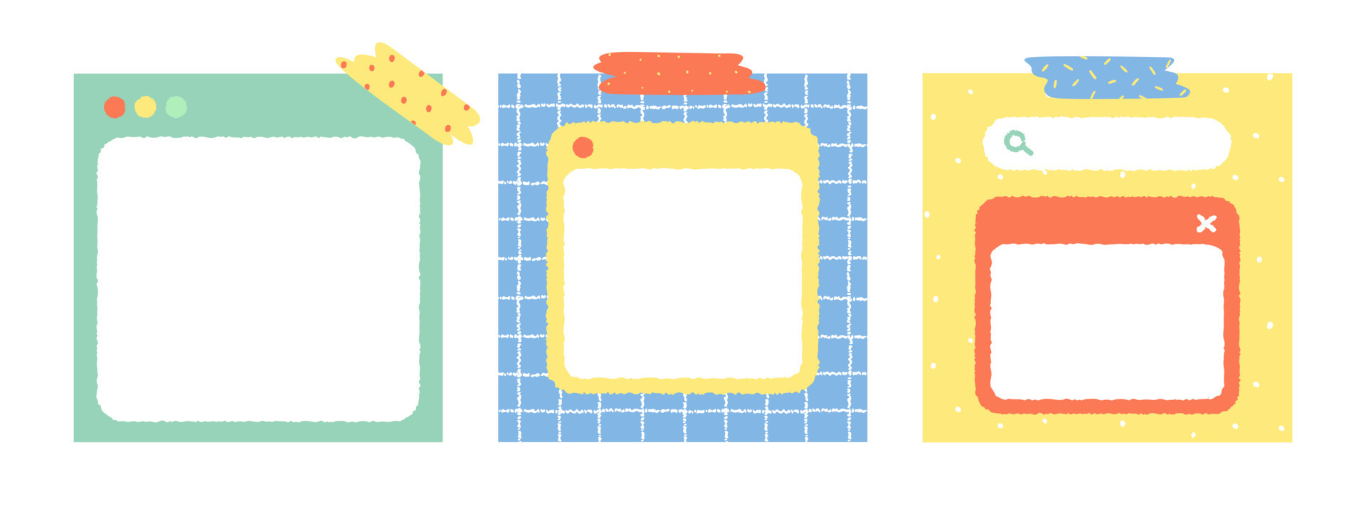 Set Of Cute Colorful Web Browser Window Notepad With Tape Hand Drawn