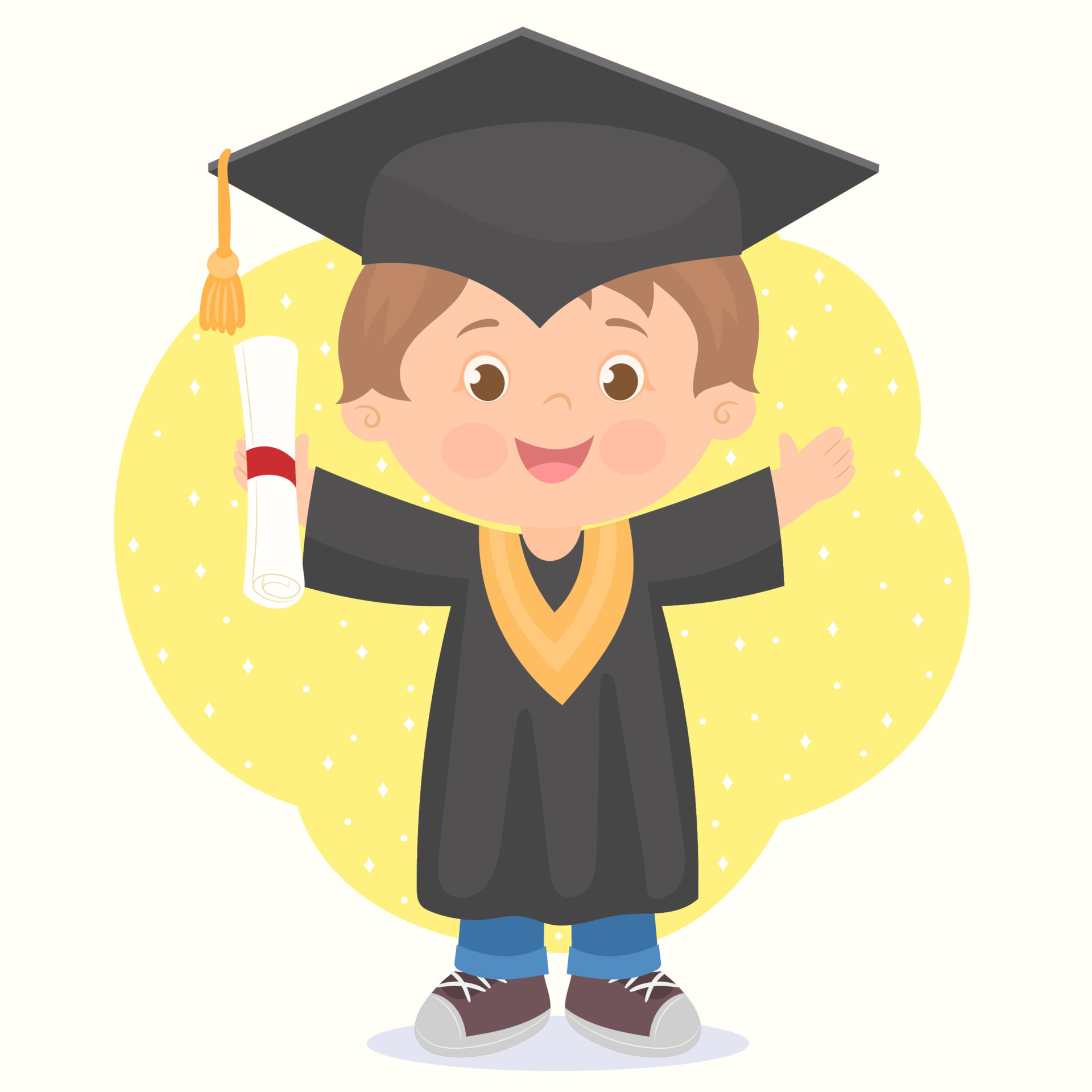 Cute boy graduates, dressed in cap and gown, with diploma in hand ...