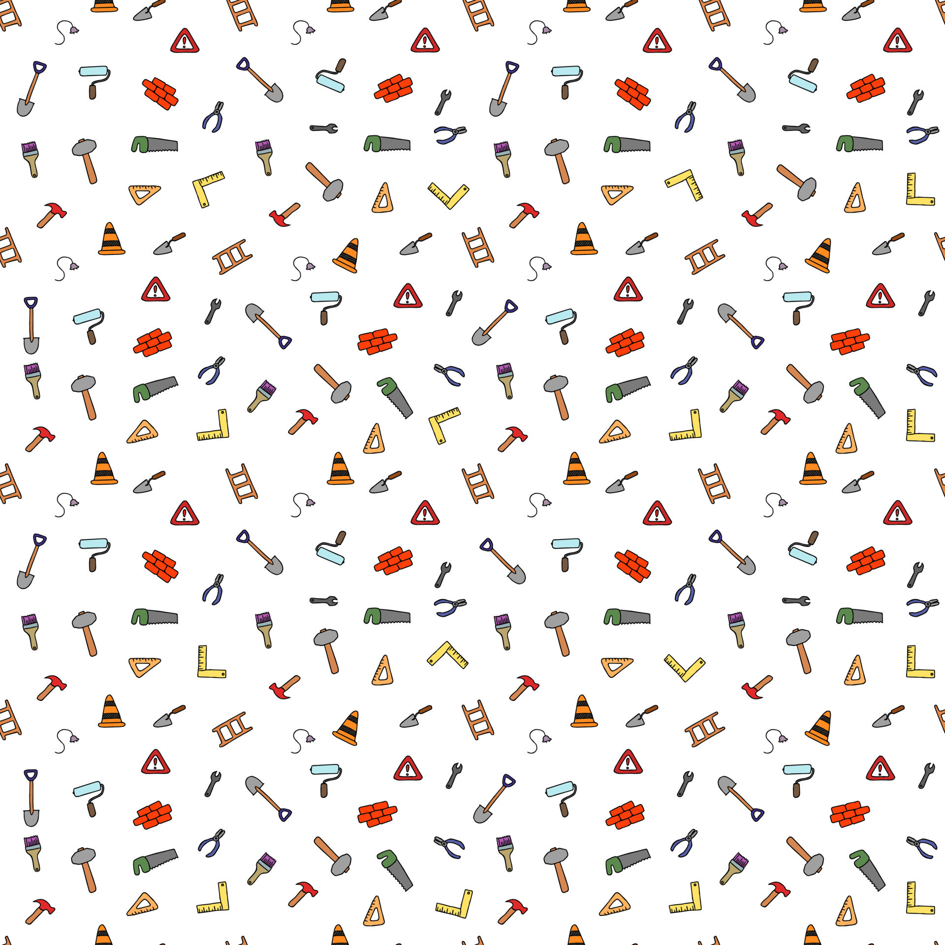 Colored Construction Build Icons Pattern Seamless Doodle Pattern With Tools For Construction