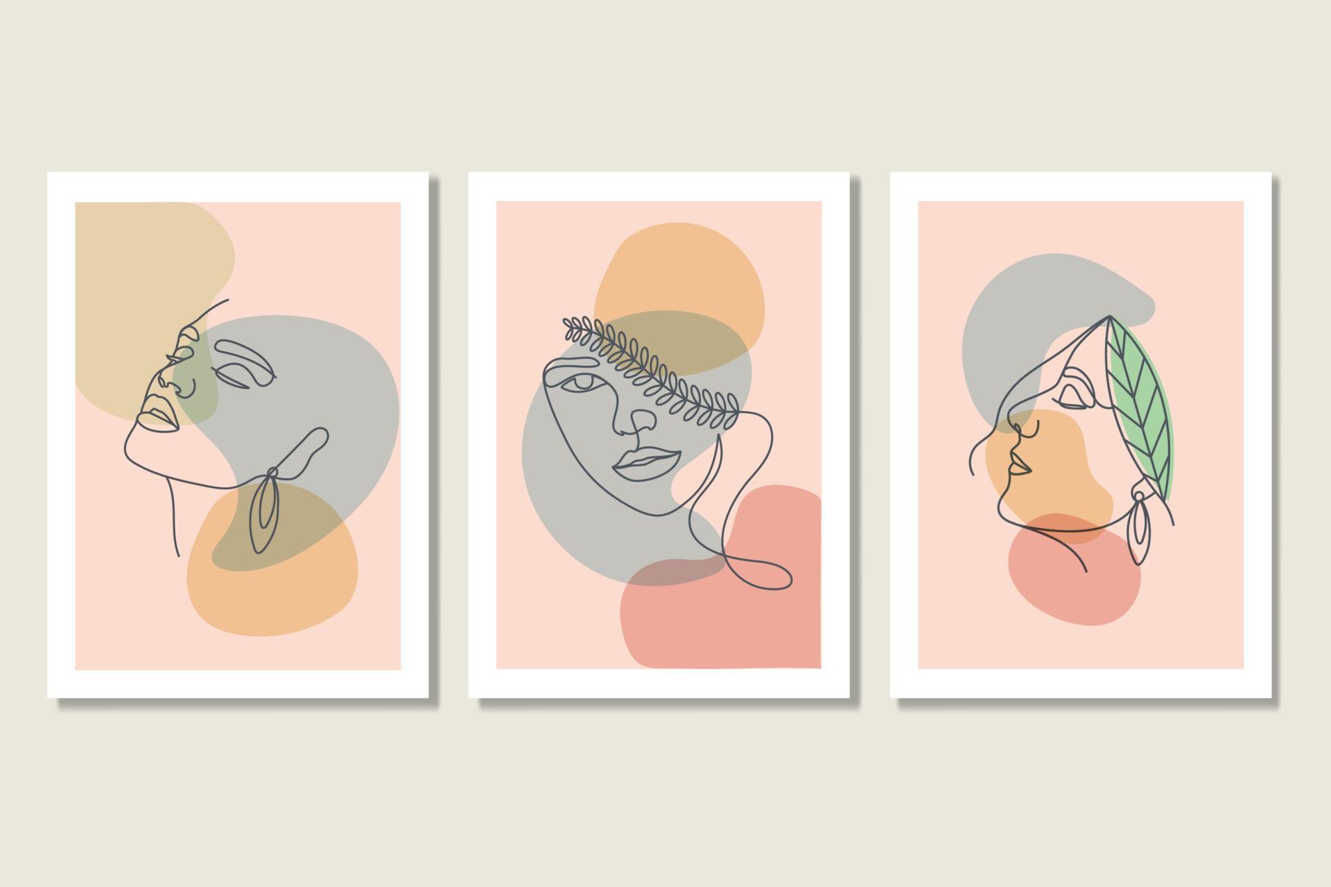 Abstract Beauty Woman Face Line Drawing Wall Art Set Illustration