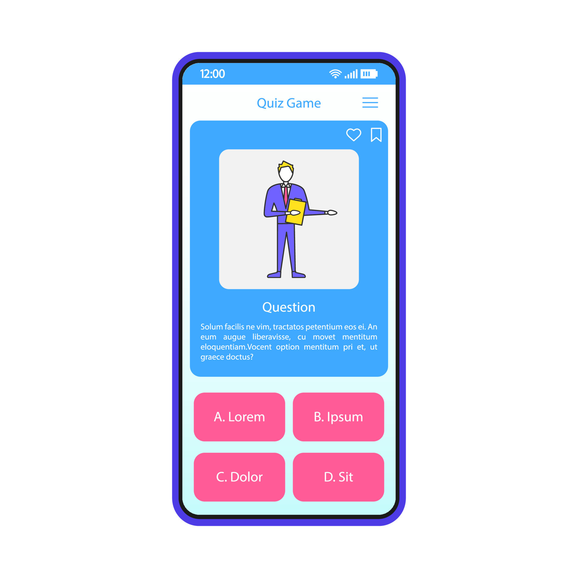 Quiz game app smartphone interface vector template. Mobile page blue ... Quiz game app smartphone interface vector template. Mobile page blue ...