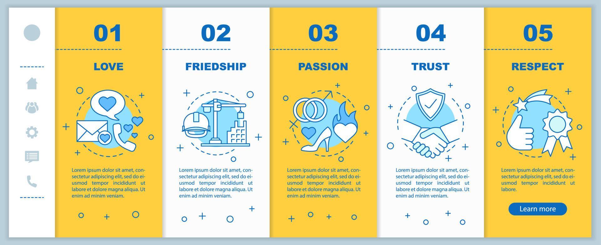 Relationships And Feelings Onboarding Mobile App Page Screen Vector Template Love Friendship