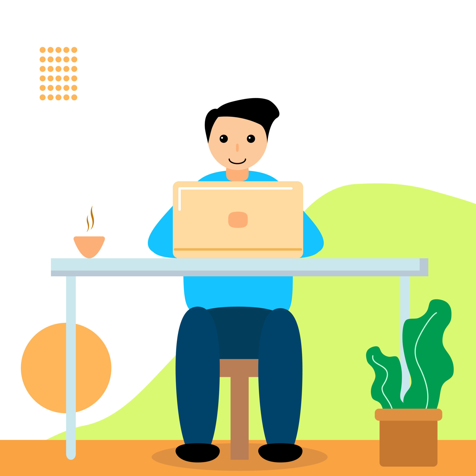 vector illustration of a man operating a laptop at his desk. wearing ...
