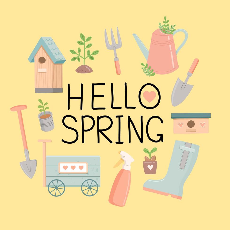 Hello spring set, flat design vector illustration 7374785 Vector Art at ...