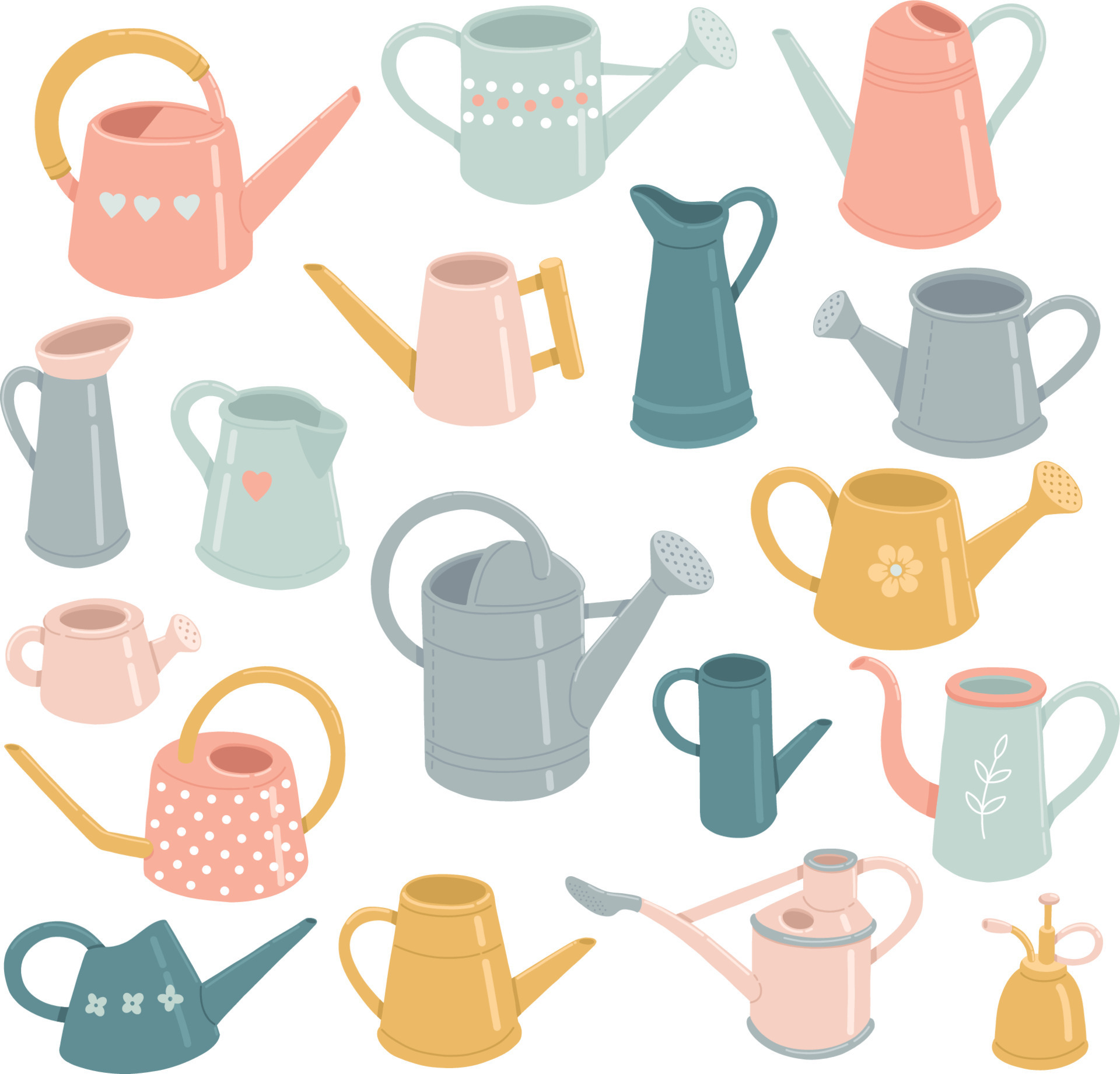 Spring set of watering cans in different colors, vector illustration ...