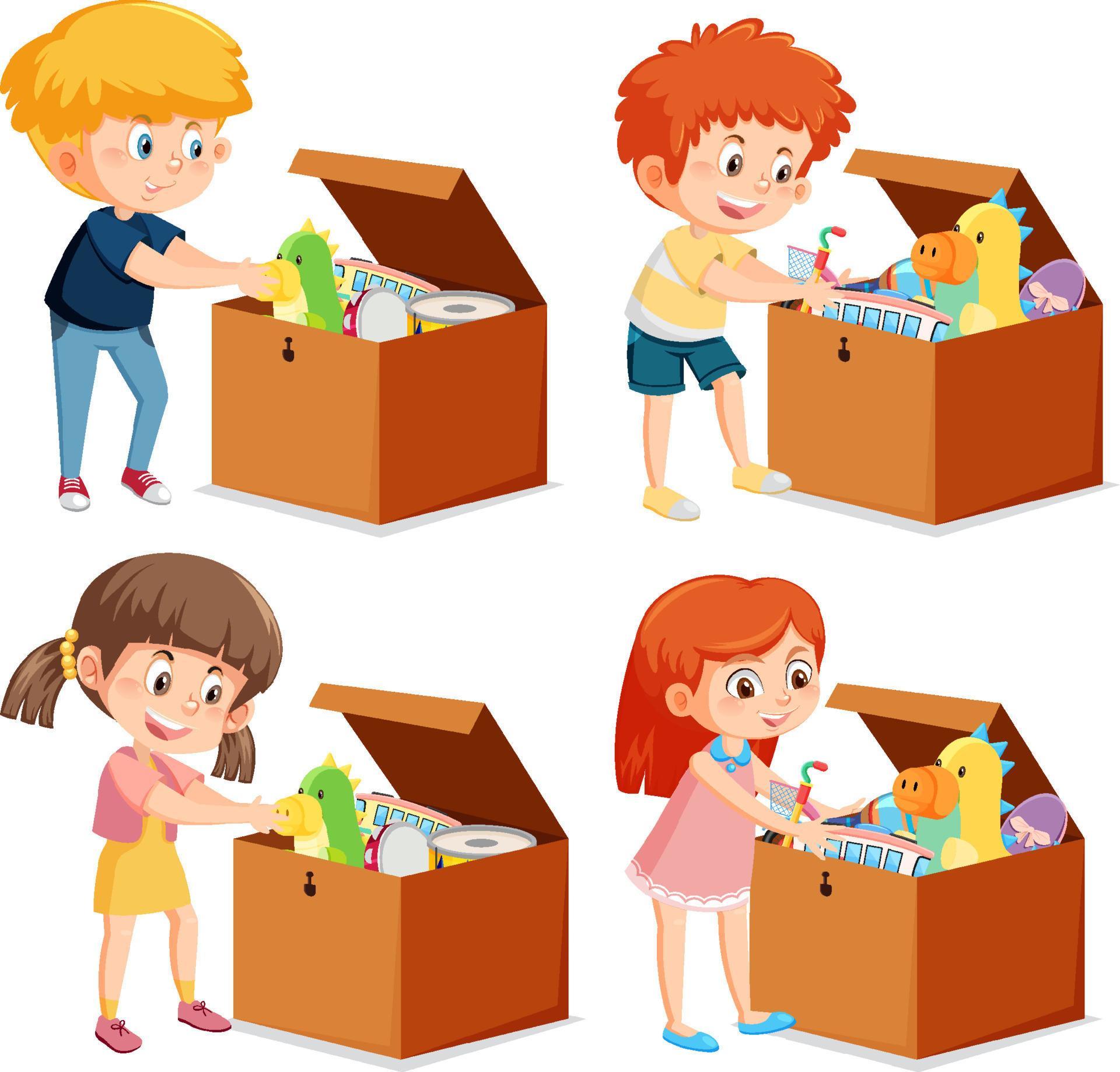 Set of different kids putting their toys in boxes 7375149 Vector Art at ...