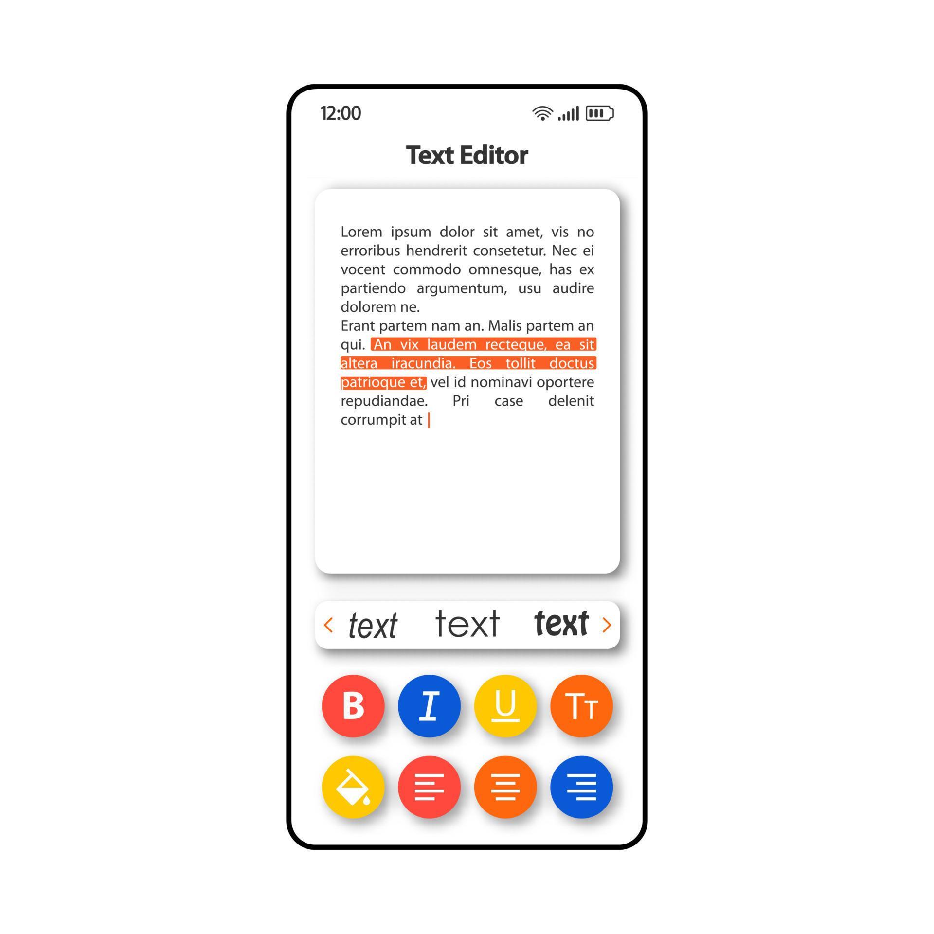 Text editing software smartphone interface vector template. Mobile app ...
