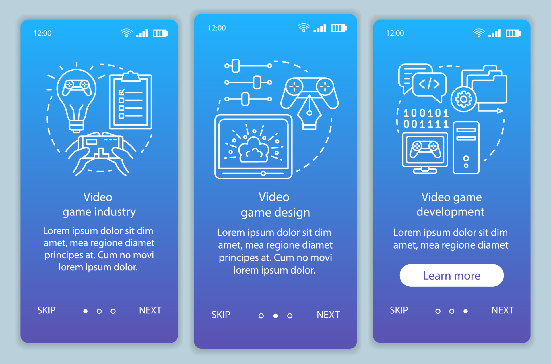 Video game industry onboarding mobile app page screen vector template ...