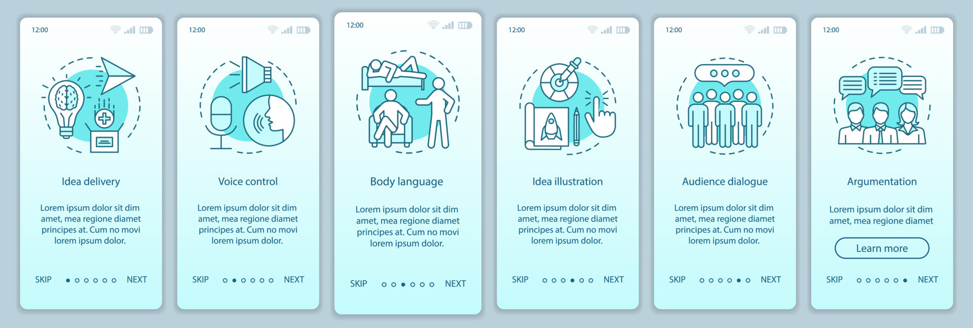 Public speaking skills onboarding mobile app page screen vector template. Voice control, body ...