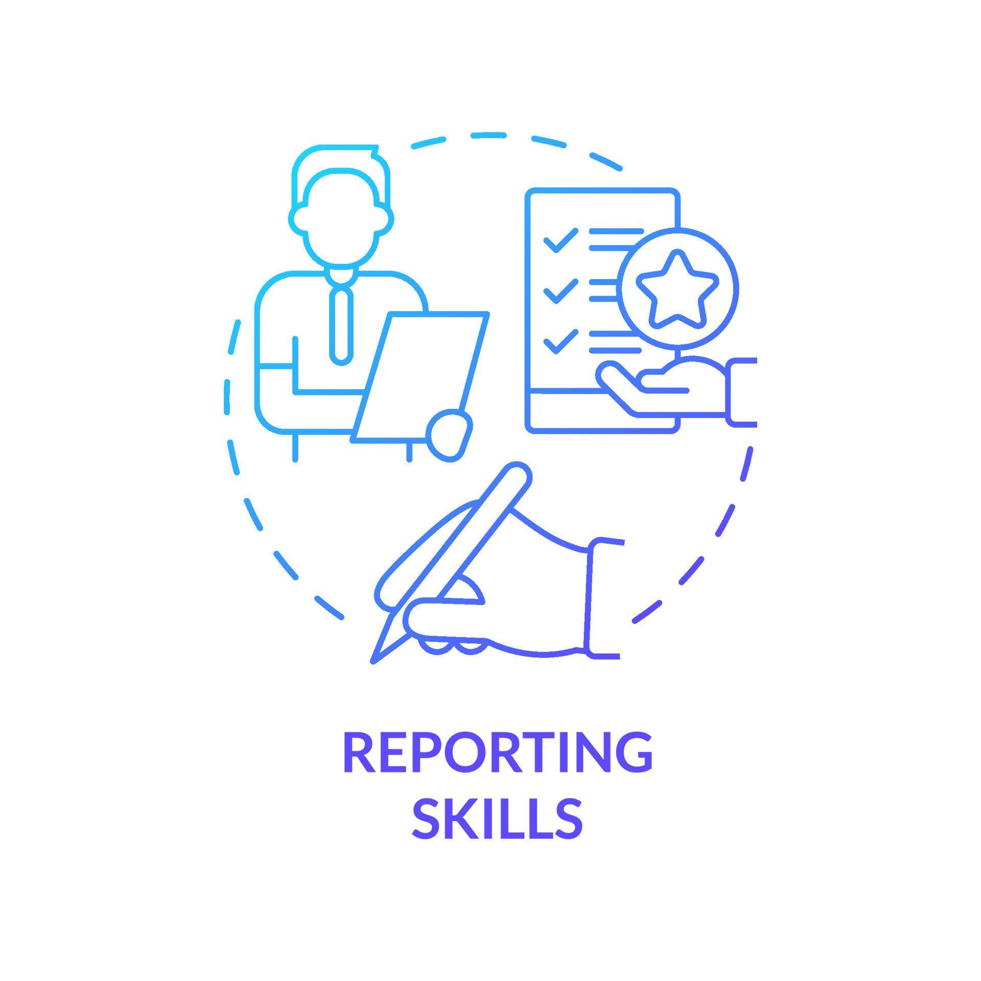 Reporting skills blue gradient concept icon. Writing accurate reports ... Reporting skills blue gradient concept icon. Writing accurate reports ...