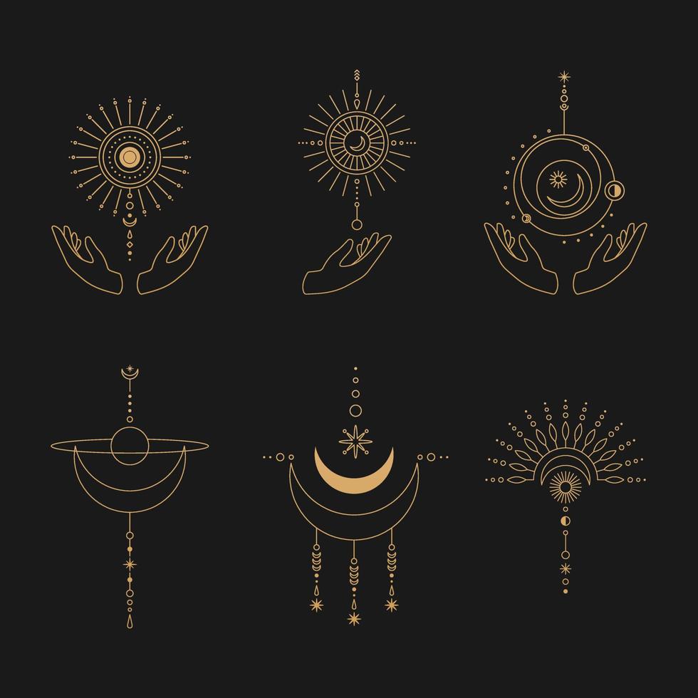 Set Of Moon And Sun Line Art Minimal Boho Linear Symbols Celestial Mystic Element Vector Line