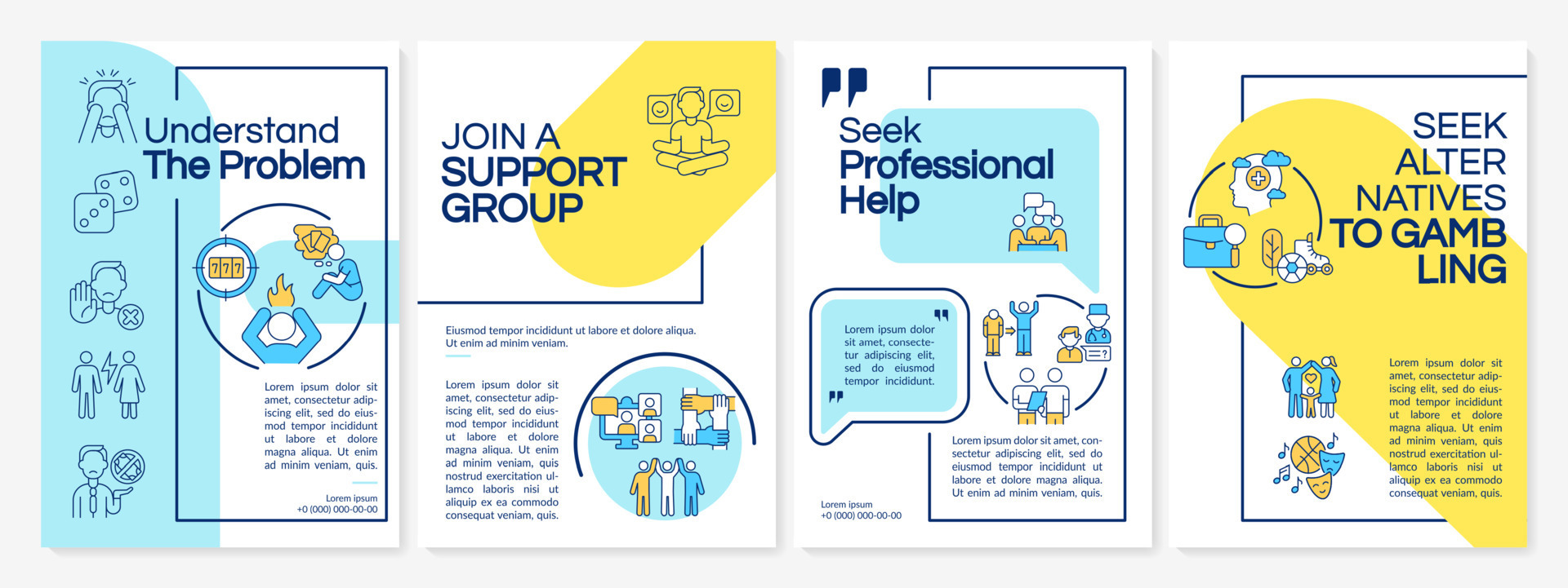 Fighting gambling addiction blue and yellow brochure template. Booklet print design with linear ...