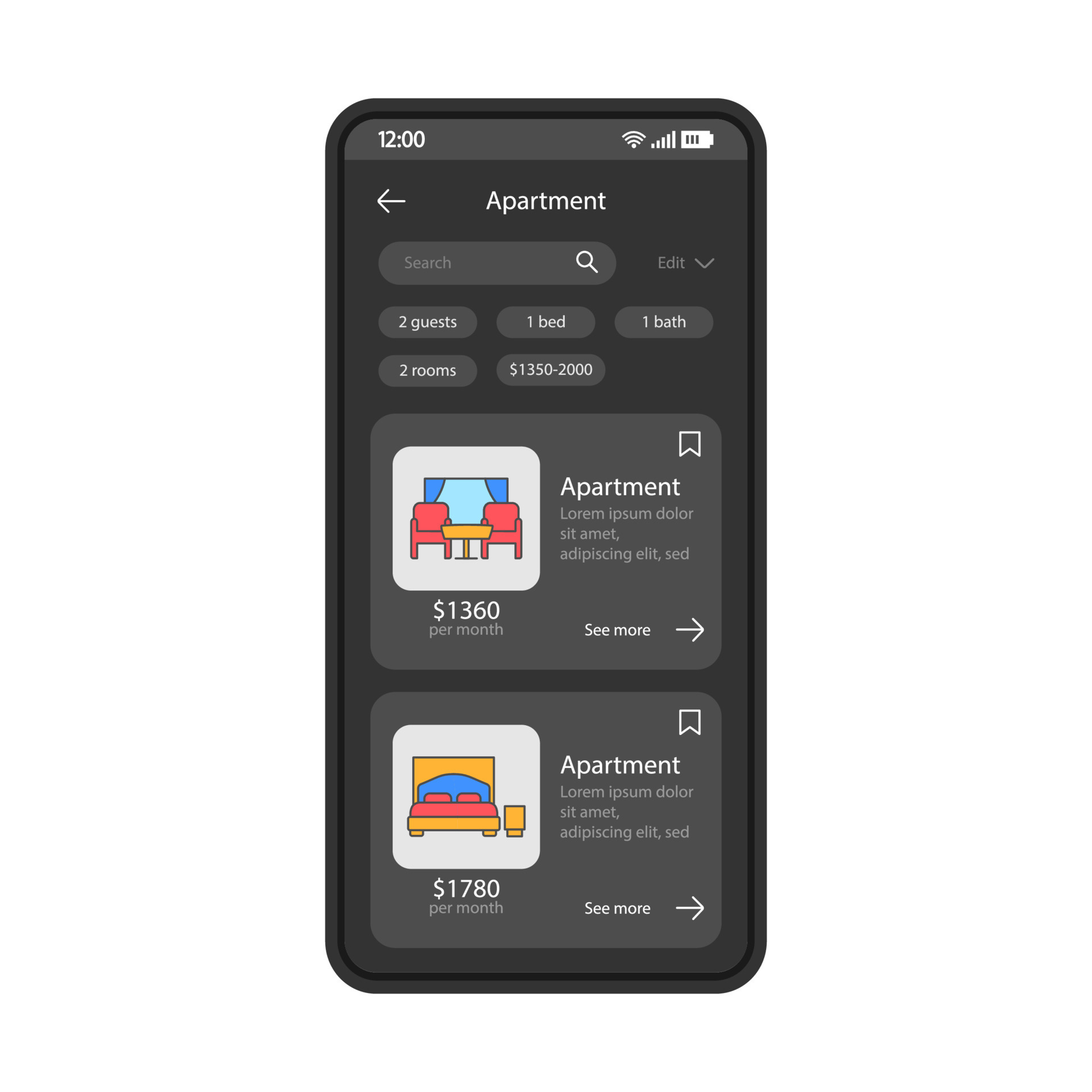 Apartment booking app interface vector template. Mobile app interface ... Apartment booking app interface vector template. Mobile app interface ...