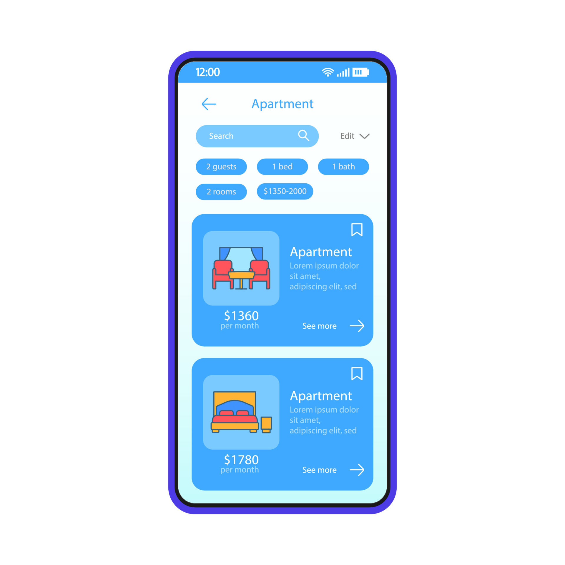 Apartment booking app interface vector template. Mobile app interface ... Apartment booking app interface vector template. Mobile app interface ...