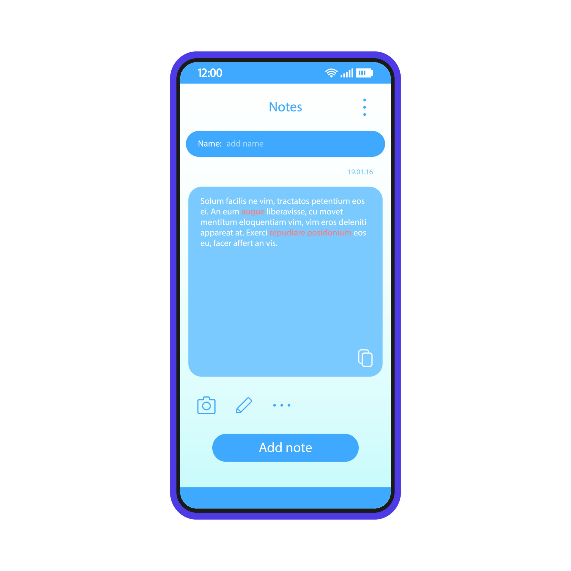 Note taking app interface vector template. Mobile app interface blue ...