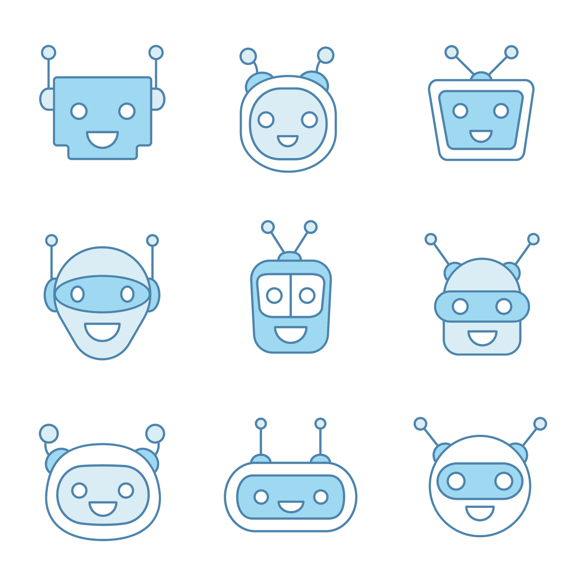 Chatbots Color Icons Set Modern Robots Emojis Laughing Happy Chat Bot Smileys Virtual
