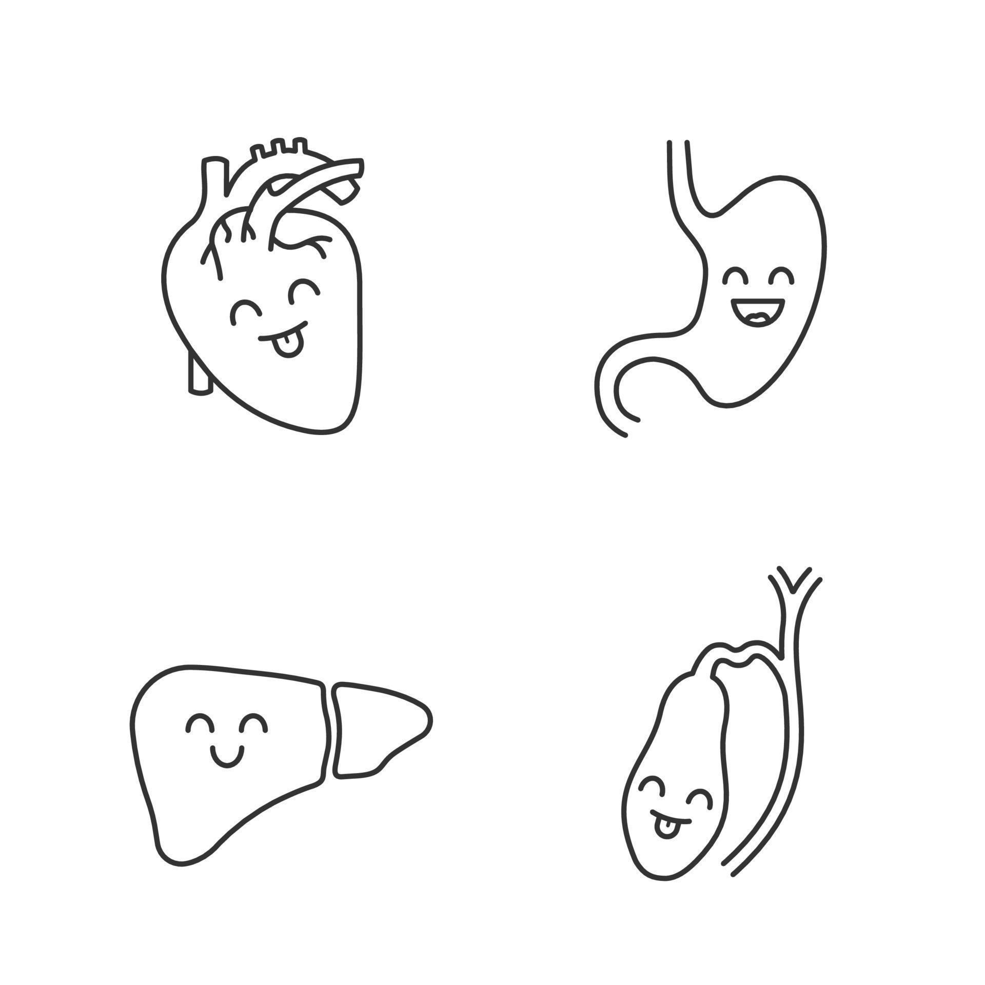 Smiling Human Internal Organs Linear Icons Set Thin Line Contour Symbols Happy Heart Stomach