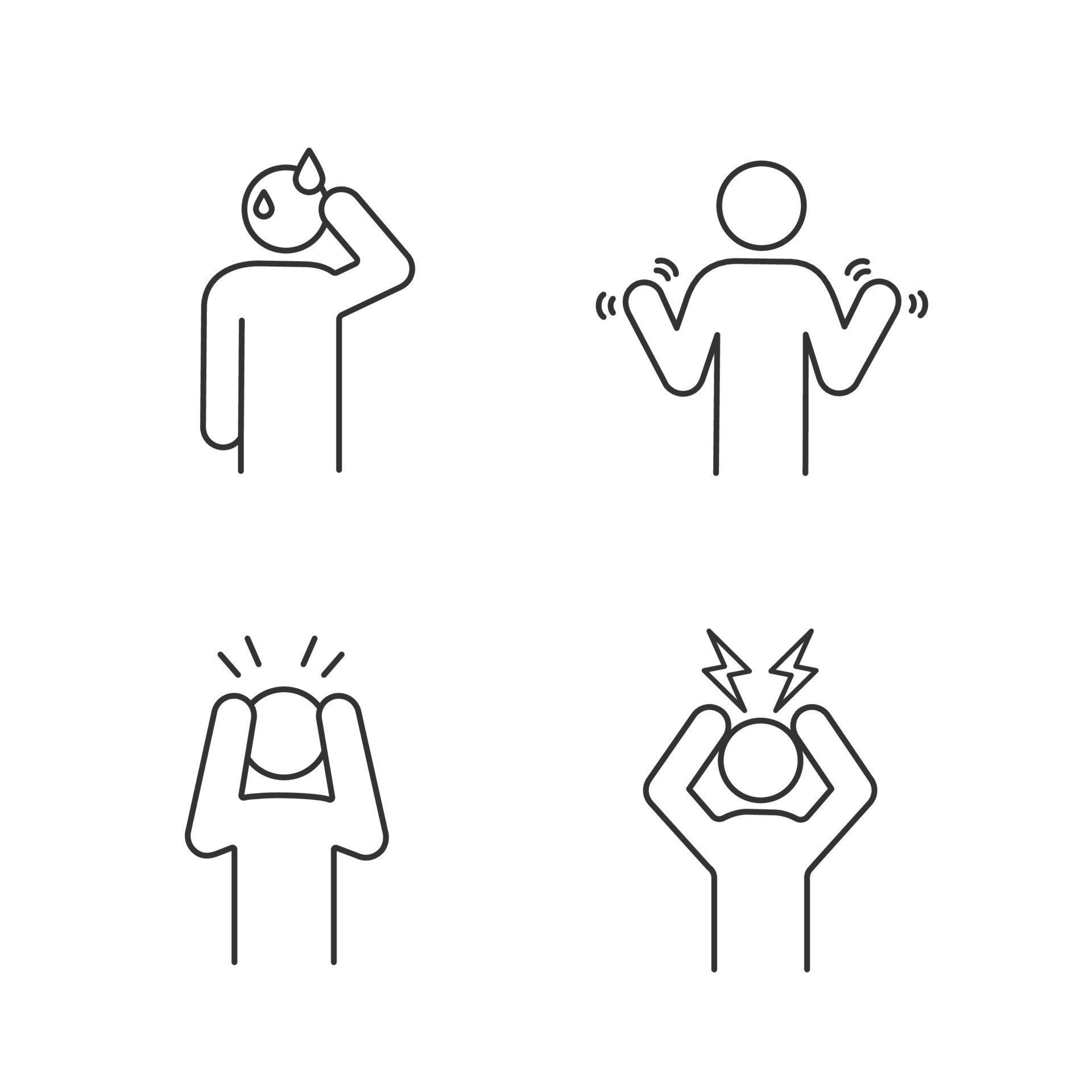 Emotional Stress Linear Icons Set Cold Sweat Hands Tremor Nervous Tension Headache Thin