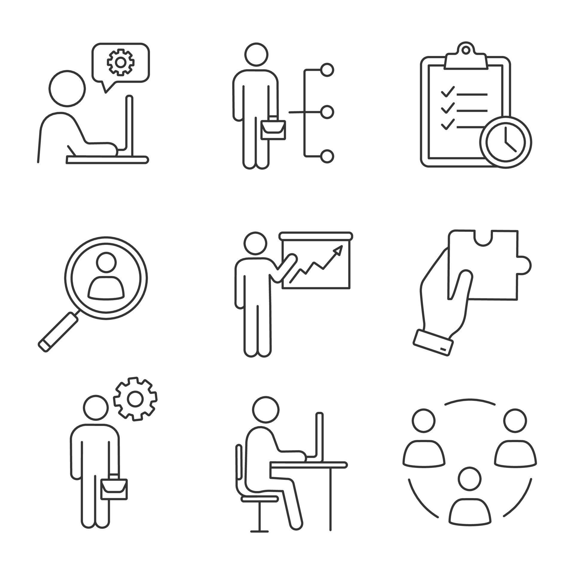 Business management linear icons set. Technical chat, employee skills ...