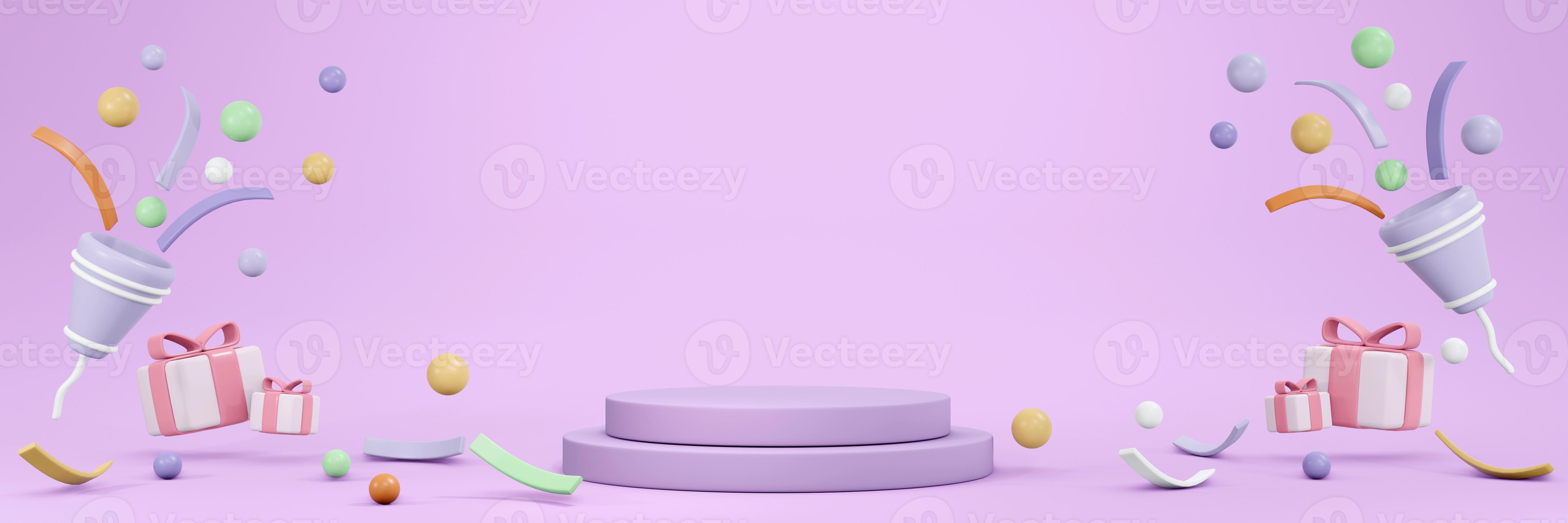 3D Rendering of party popper and confetti with podium in pastel theme banner background. 3D ...
