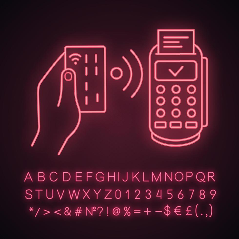 NFC payment neon light icon. POS terminal. Glowing sign with alphabet, numbers and symbols ...