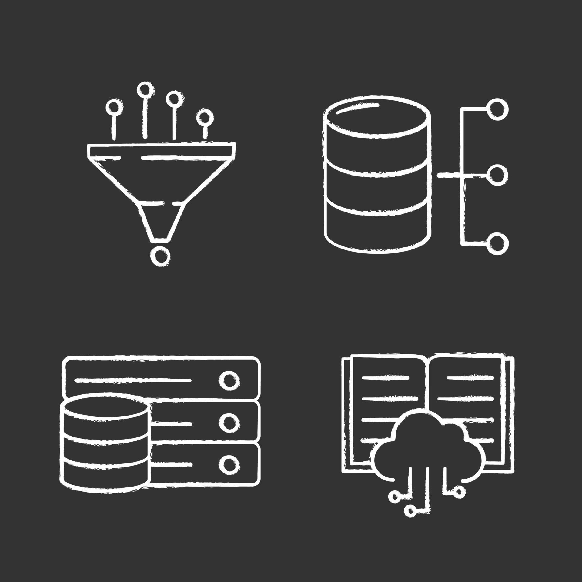Machine Learning Chalk Icons Set Data Filtering Relational Database Server Cloud Computing