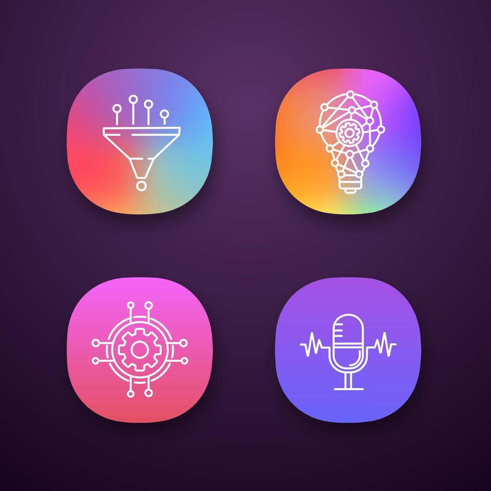 Machine learning app icons set. Data filtering, innovation process, digital settings, voice ...