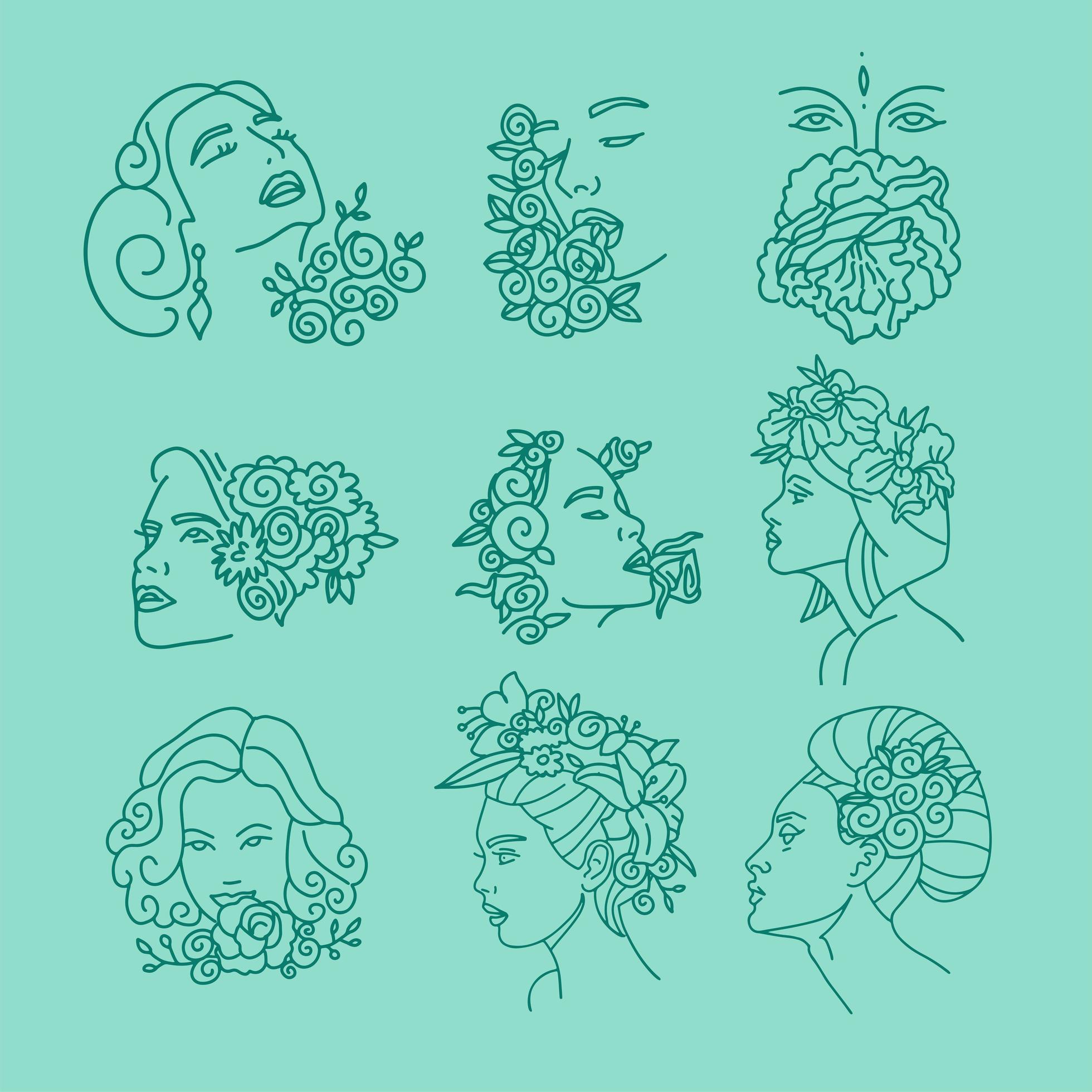 Women Faces With Flowers On Head Continuous Line Drawing Set Women