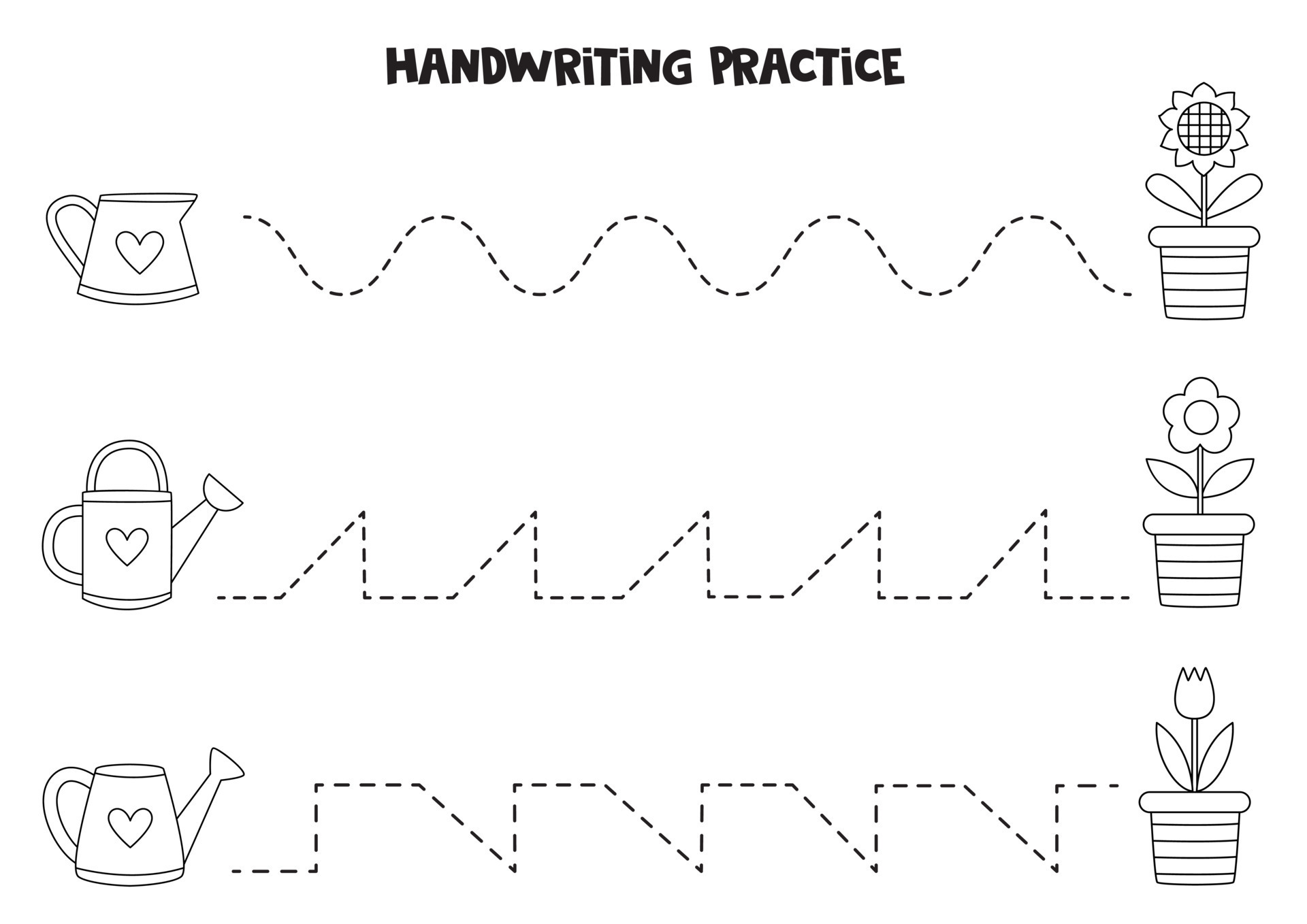 Tracing lines for kids. Cute black and white watering cans. Writing ...