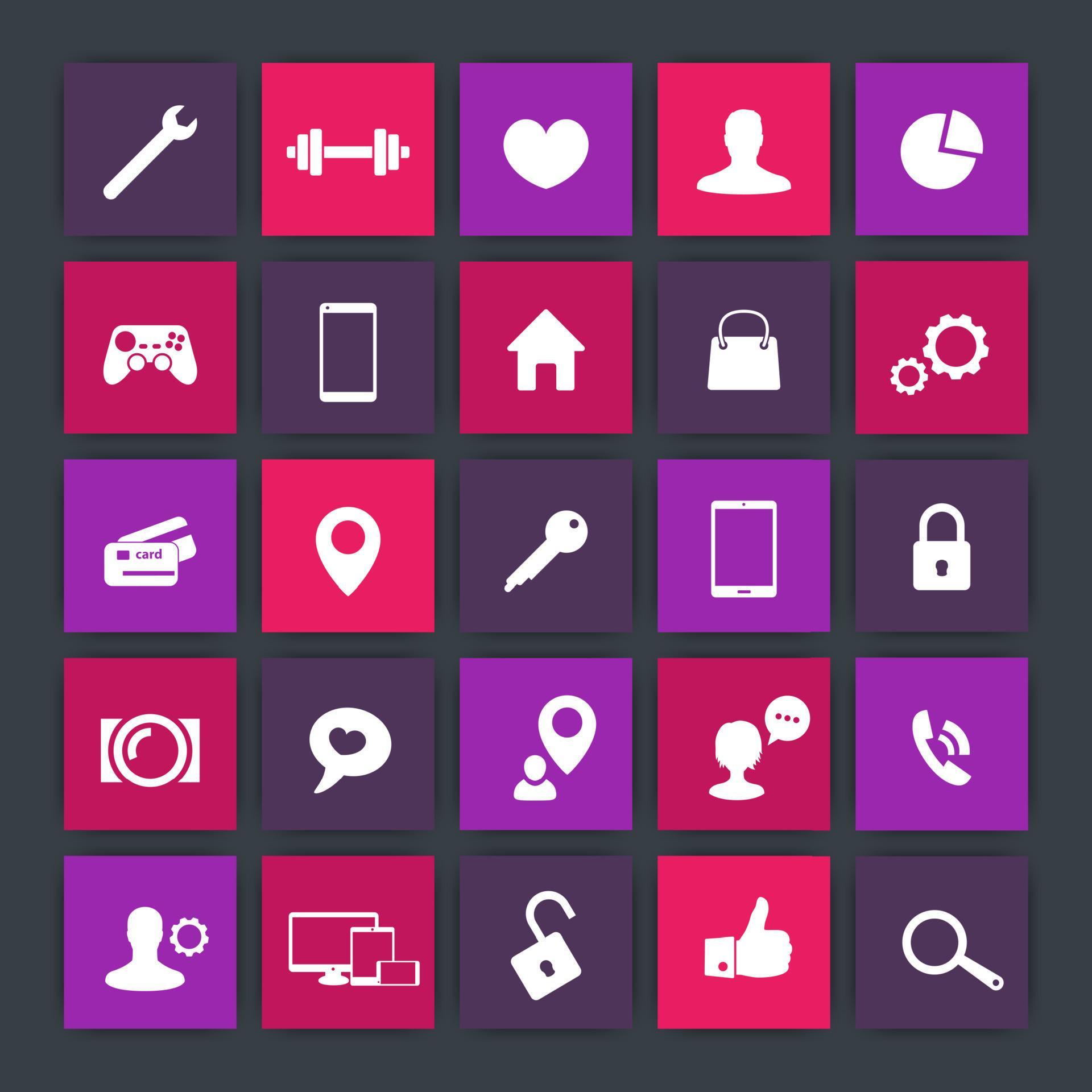 25 square icons for web, apps development, websites, vector ...