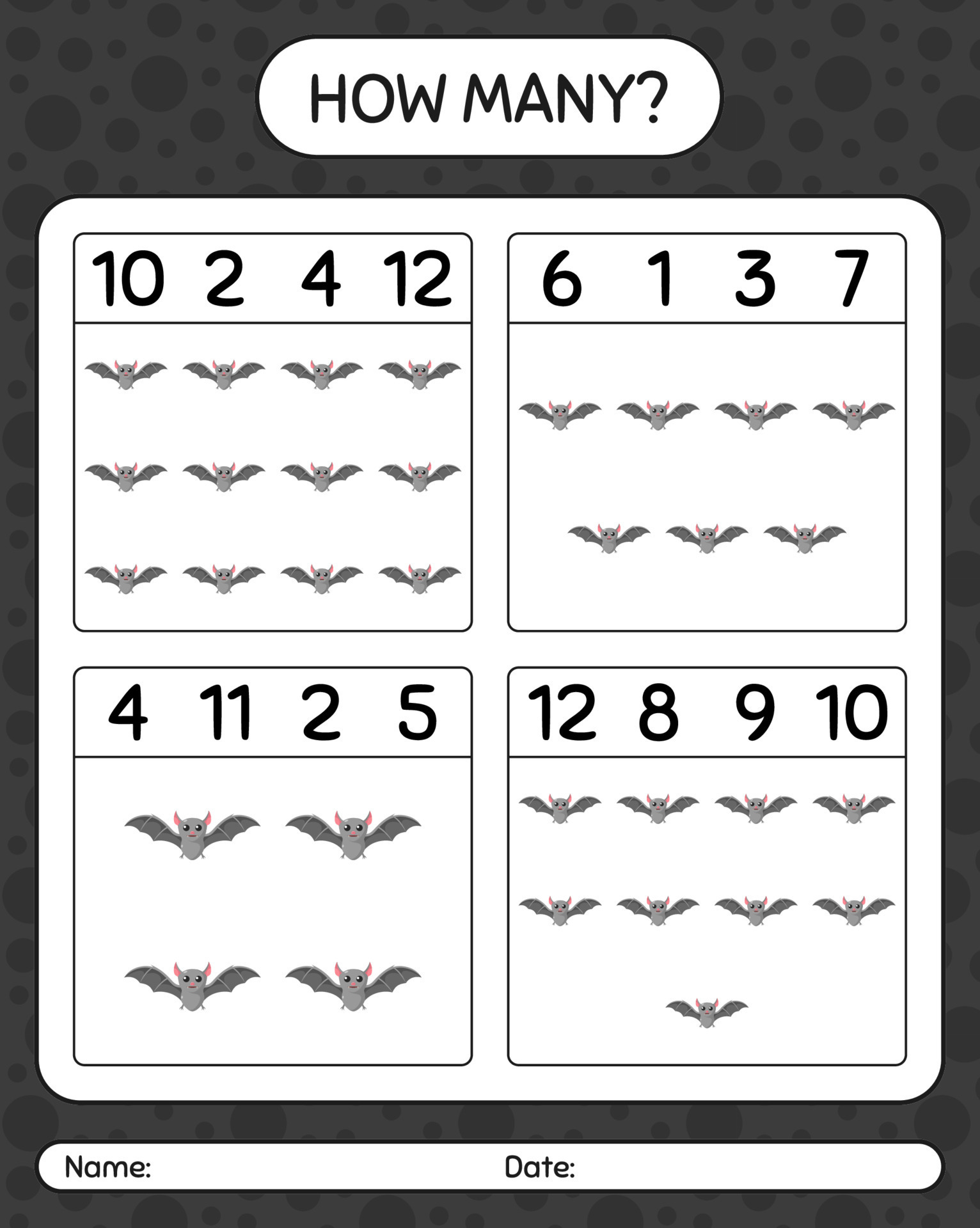 How many counting game with bat. worksheet for preschool kids, kids ...