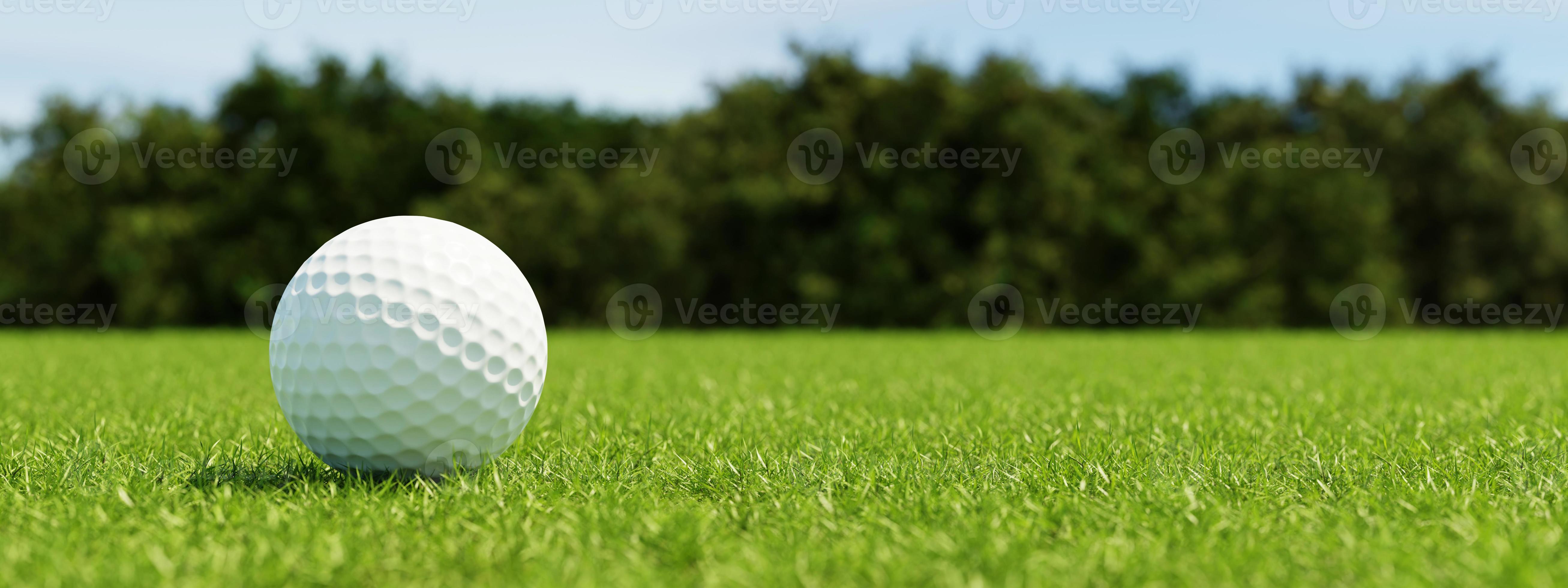 Golf Ball On Grass In Fairway Green Background Banner For Advertising With Copy Space Sport