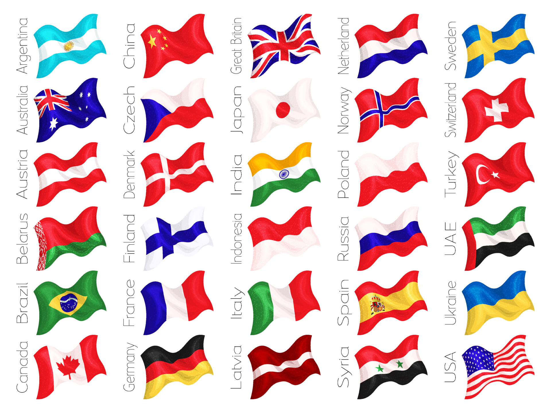 Set Of Waving Flags Of Countries Of The World Isolated On White