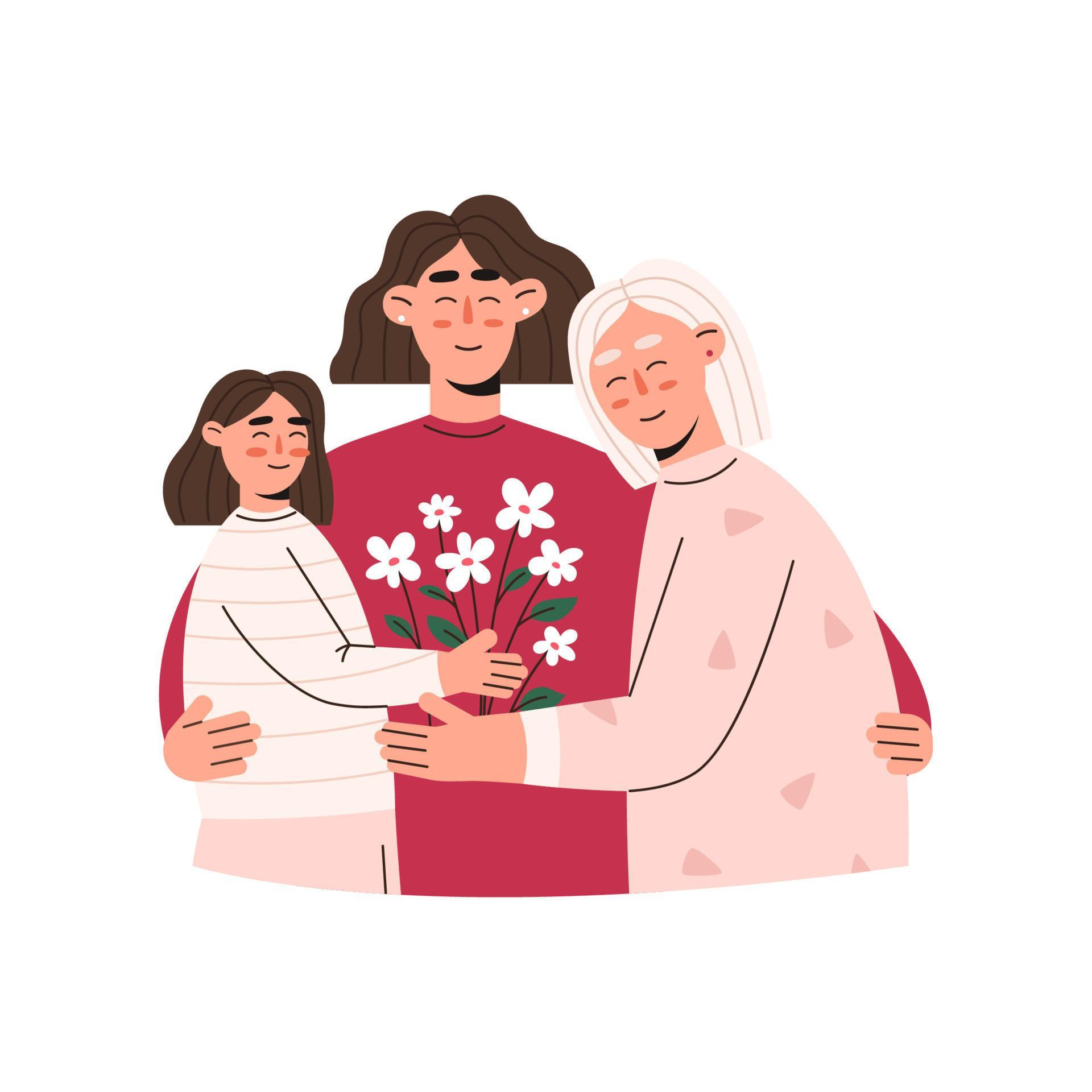 Woman Hugs Her Mother And Daughter 7441215 Vector Art At Vecteezy
